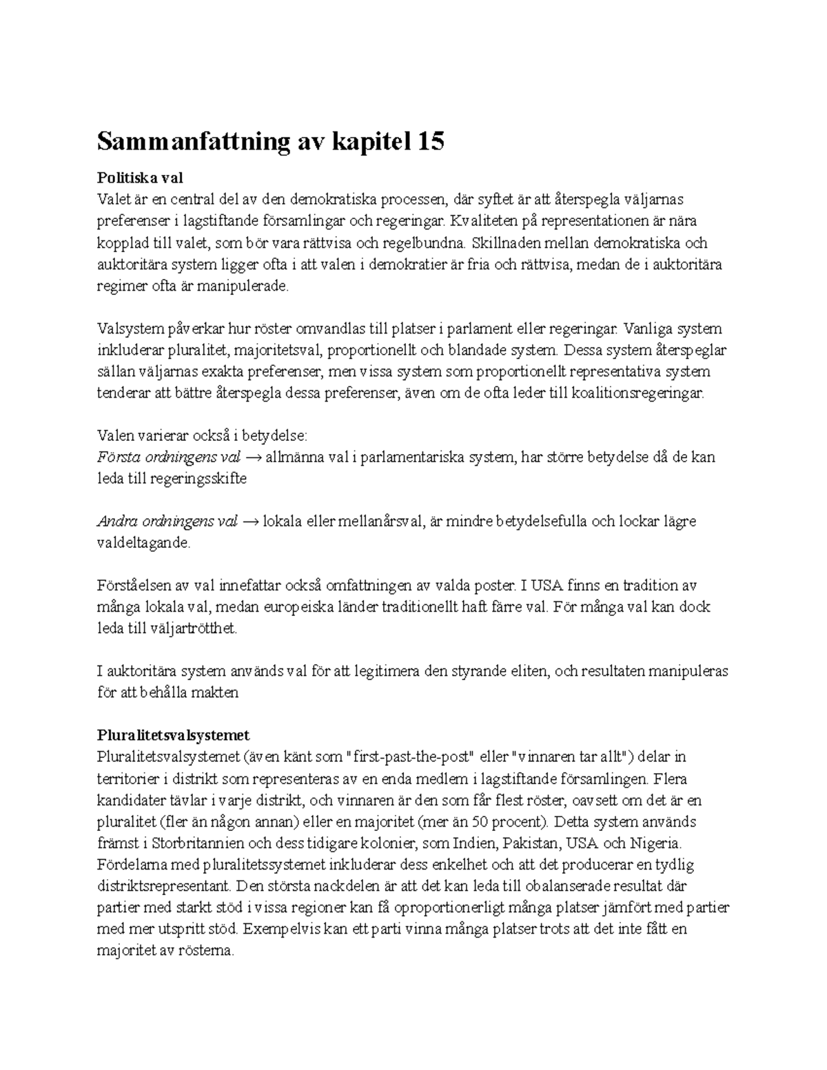 Hauge et al. - Sammanfattning av Kapitel 15 om Politiska Val - Studocu