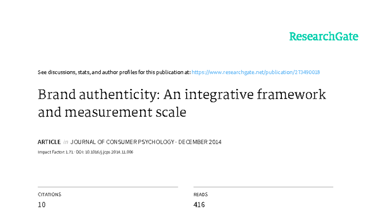 Brand Authenticity: Integrative Framework & Measurement Scale (JCPS ...