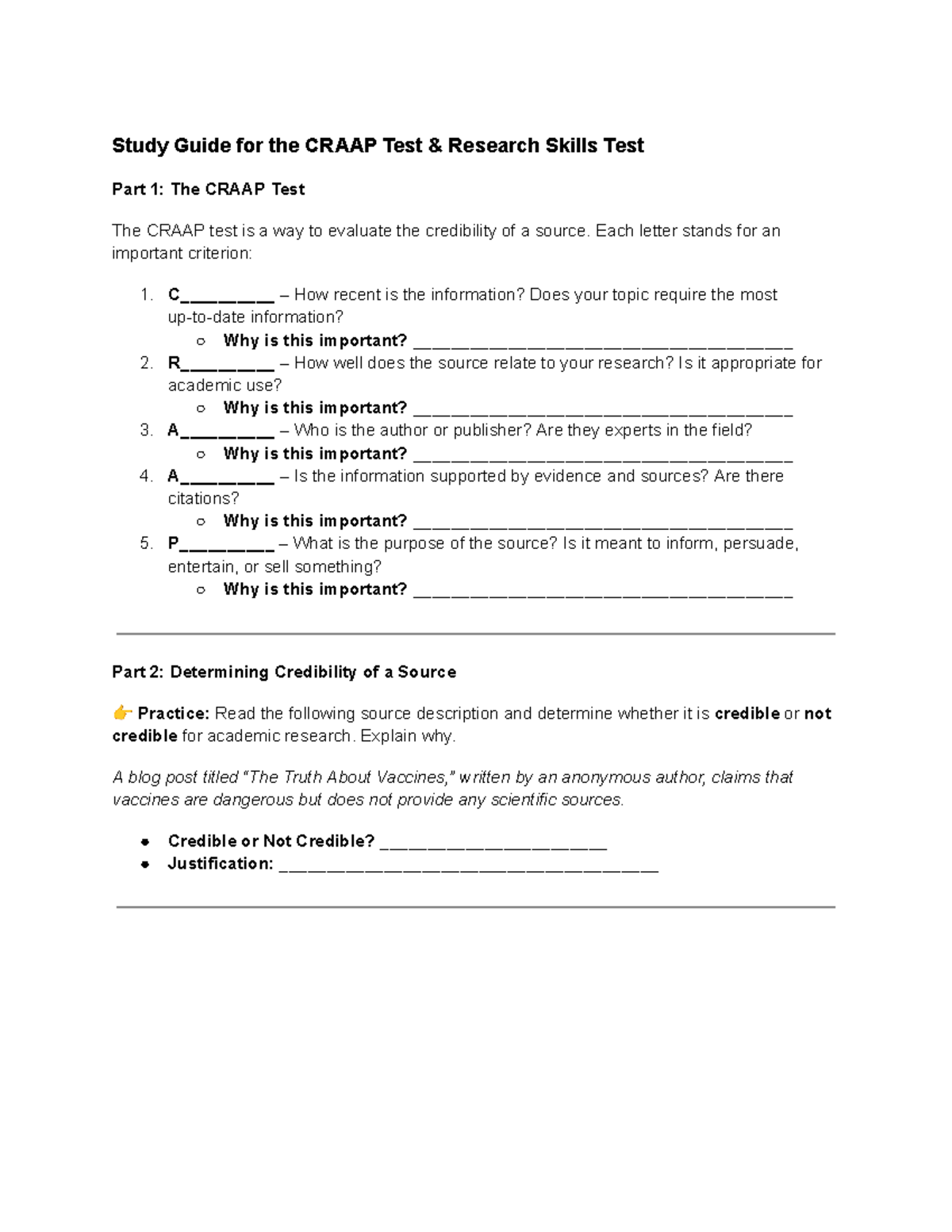 CRAAP Test Research Skills Study Guide: Evaluating Source Credibility ...