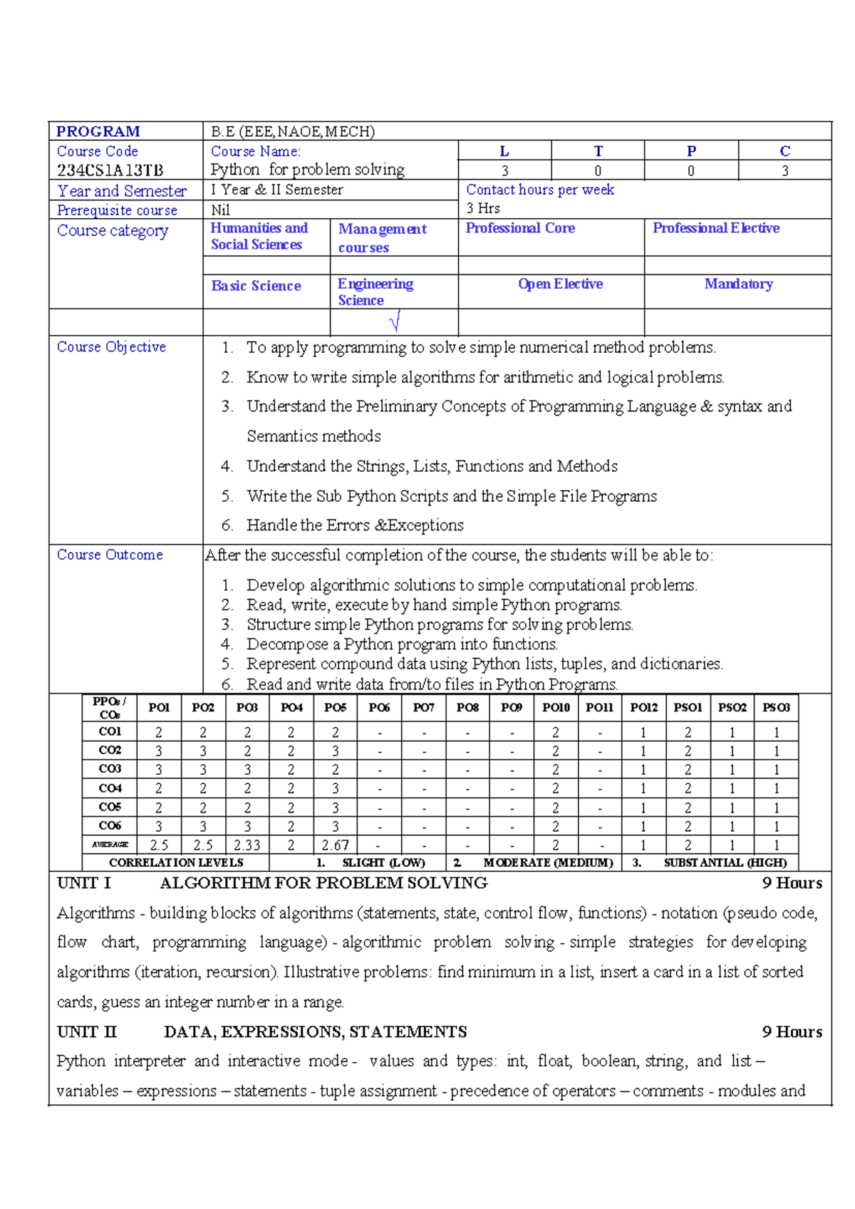 Python syllabus - PROGRAM B (EEE,NAOE,MECH) Course Code 234CS1A13TB ...