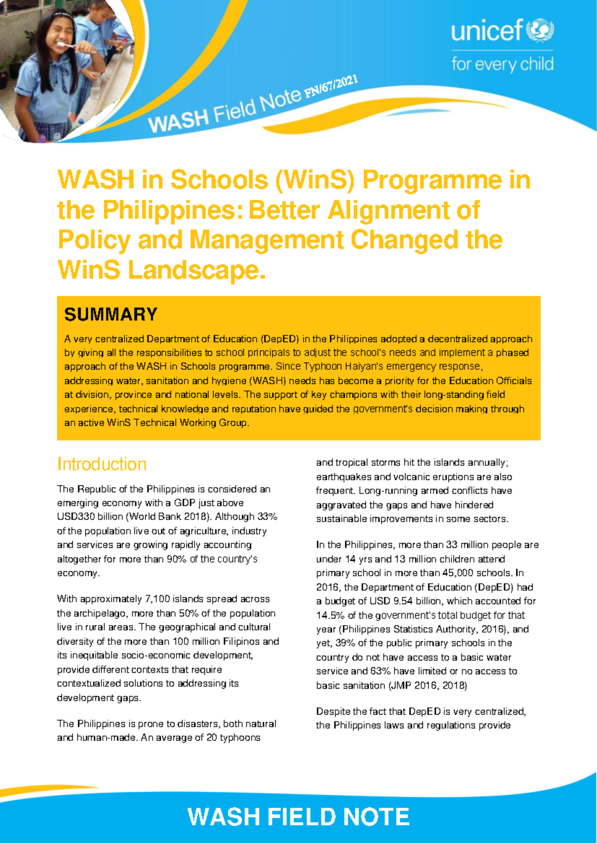 WASH in Schools (WinS) Programme in the Philippines: Policy ...