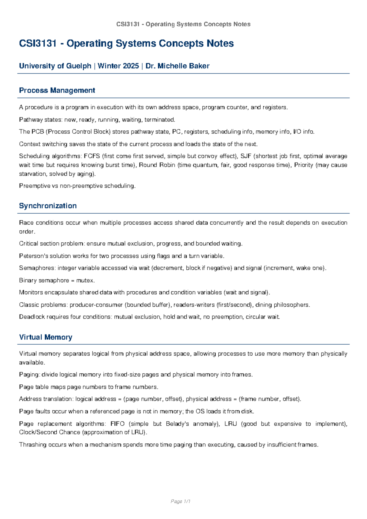 CSI3131 Winter 2025 Operating Systems Concepts Study Notes - Studocu