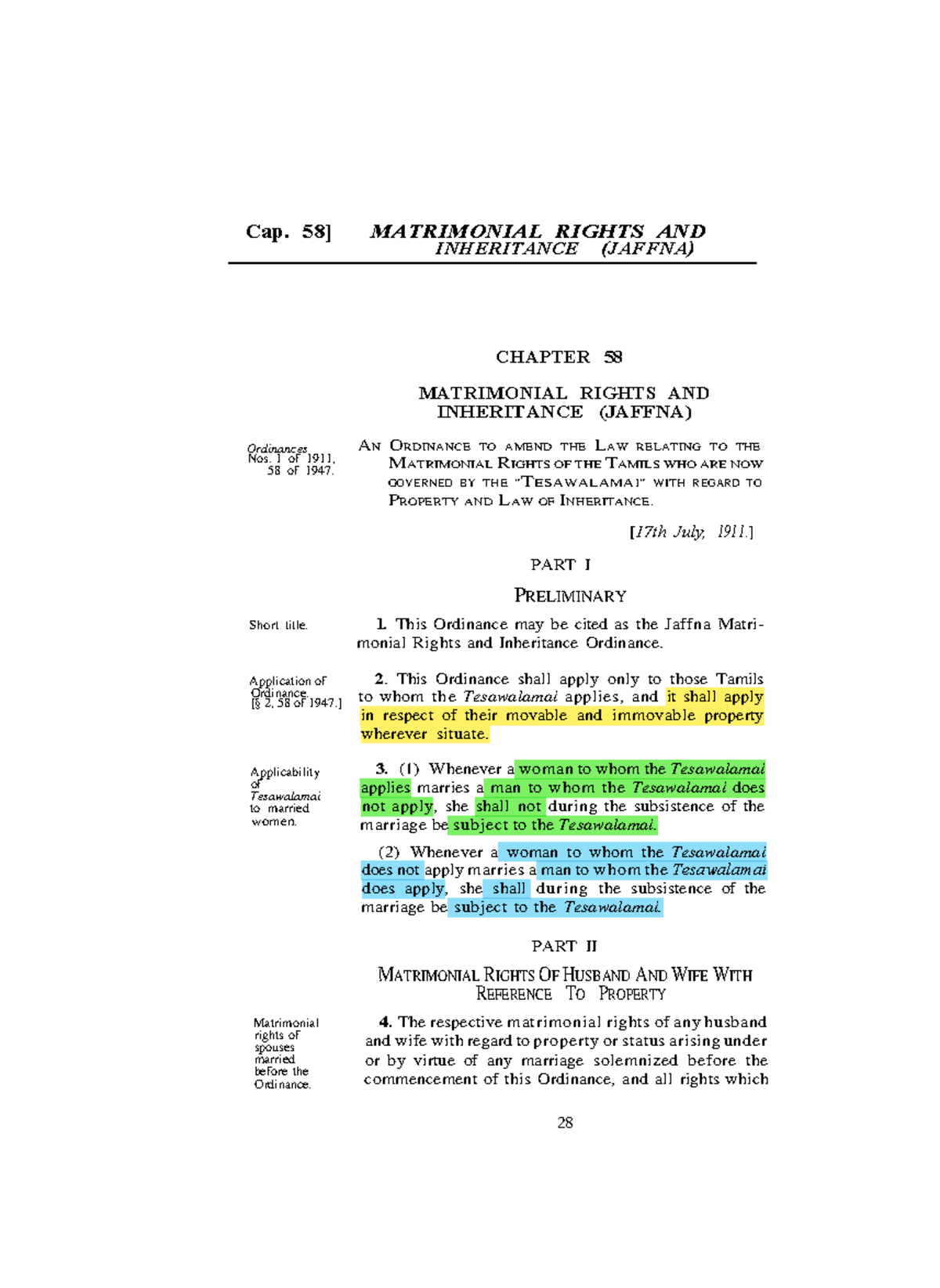 Cap. 58 Matrimonial Rights and Inheritance (Jaffna) Overview - Studocu