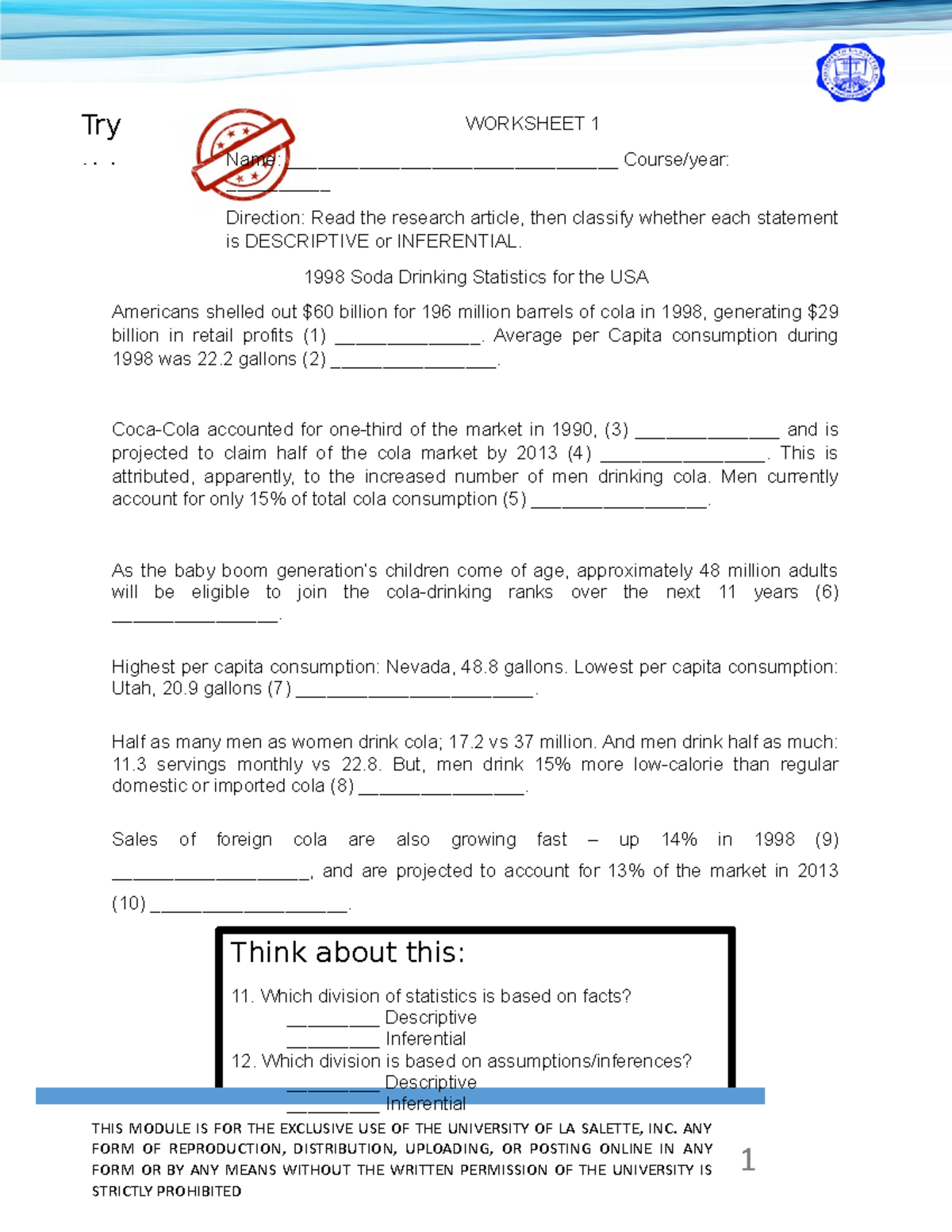 Worksheet 1 - Module on Descriptive and Inferential Statistics - Studocu