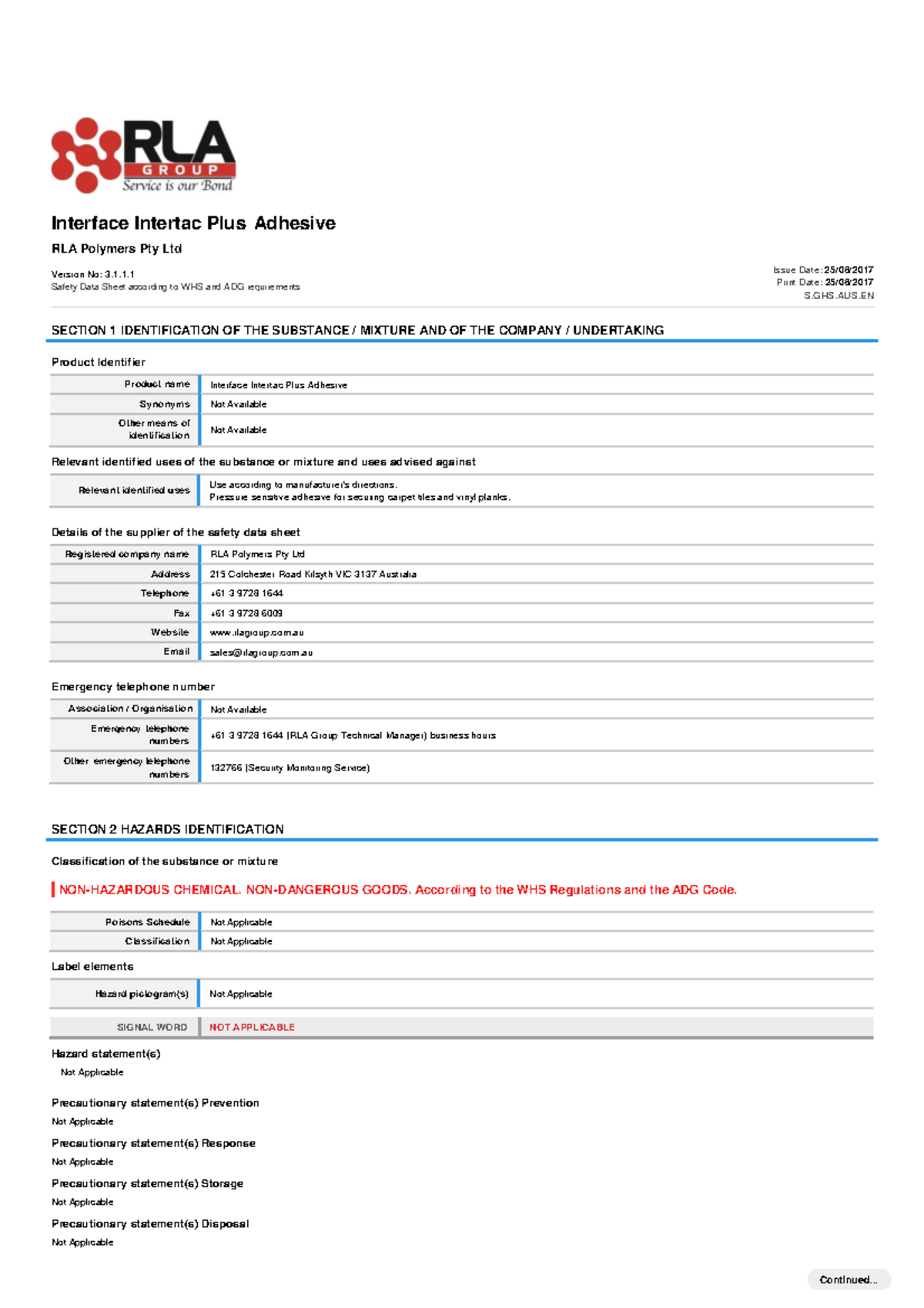 Interface Intertac Plus Adhesive - Safety Data Sheet (SDS) Version 3.1 ...