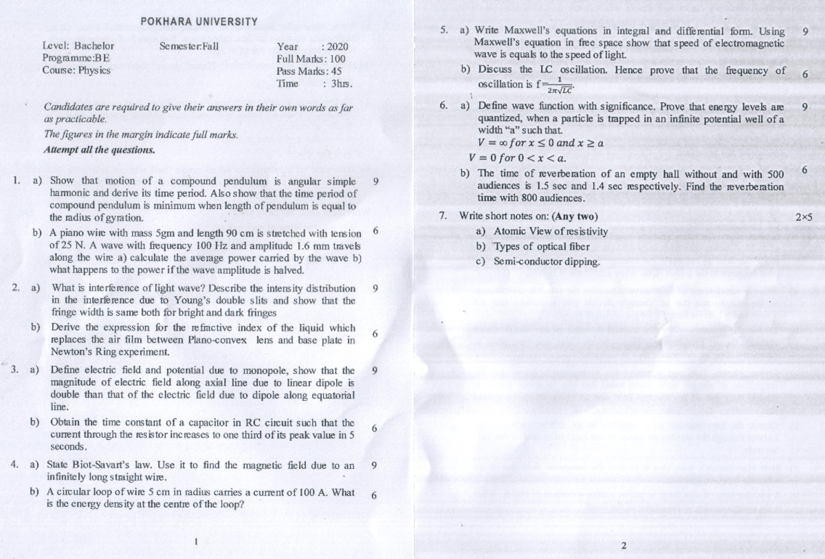 Phy-20 Fall - old questions - POKHARA UNIVERSITY 5. a) Write equations ...