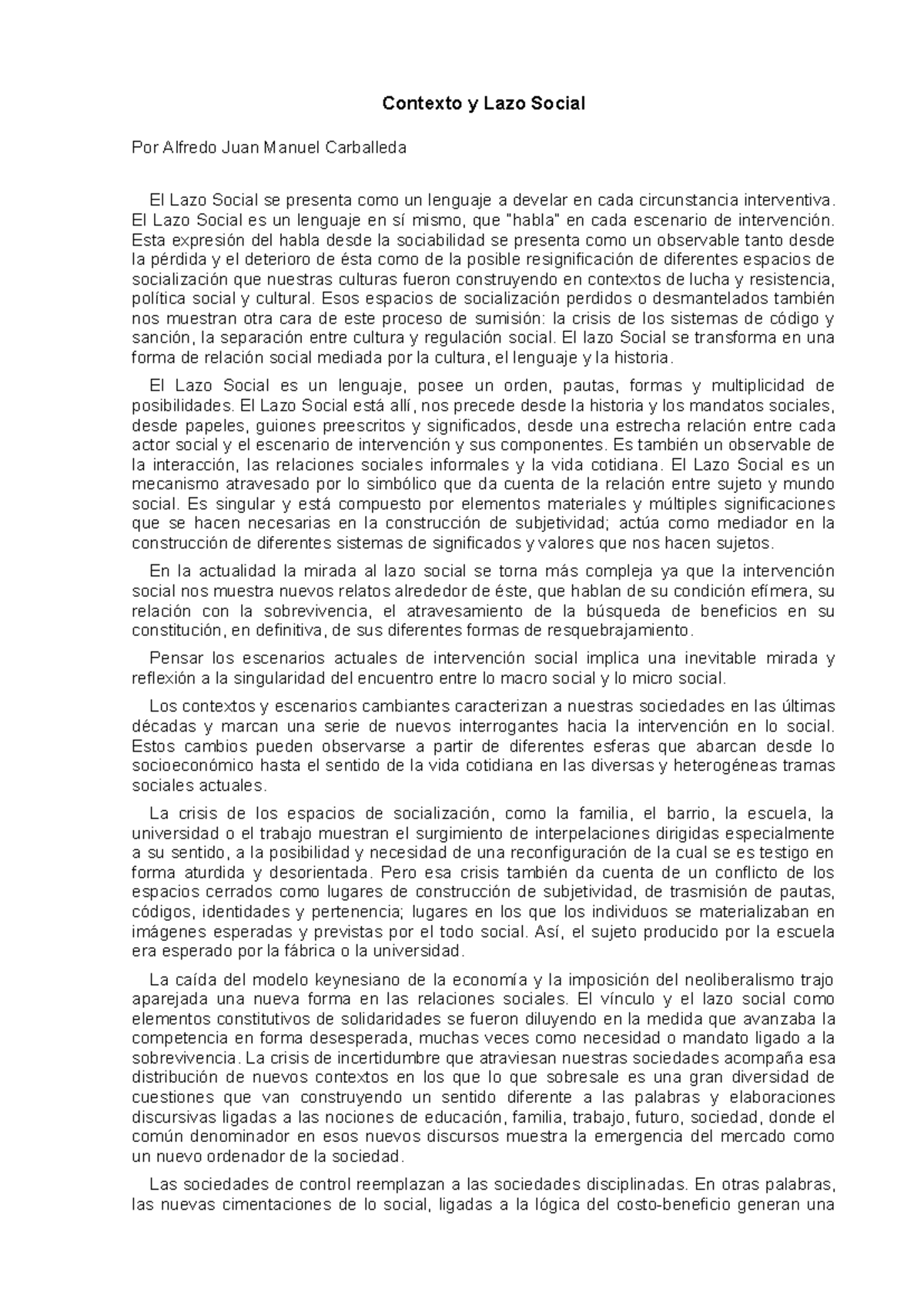Lazo Social y Contextos de Intervención en la Sociedad Actual - Studocu