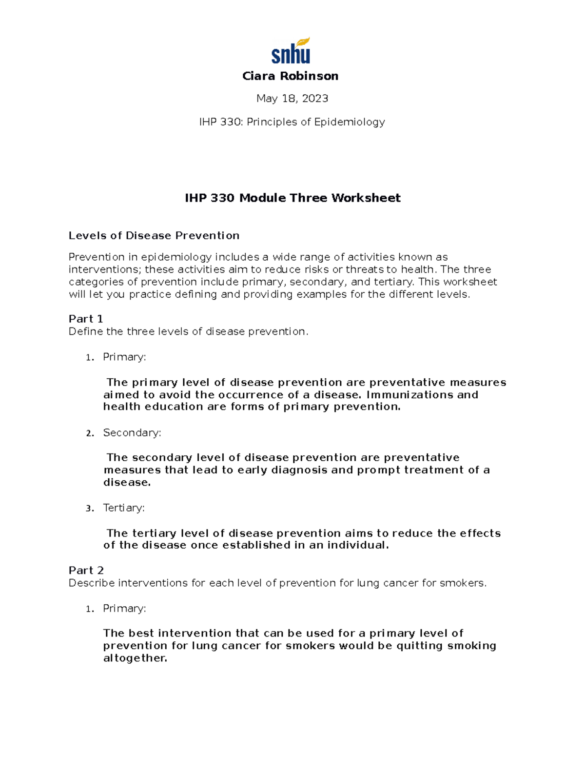IHP 330 Module 3 Worksheet on Disease Prevention Techniques - Studocu