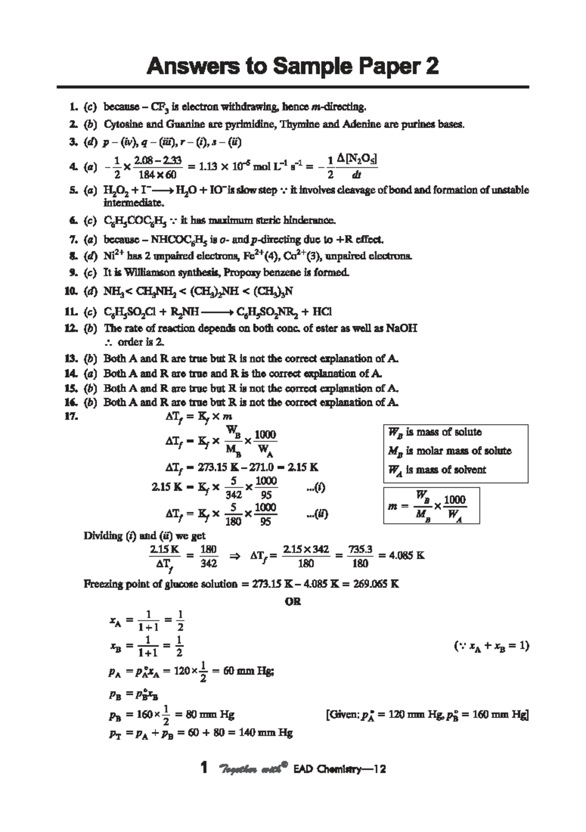 CBSE Class 12 EAD Chemistry 2026 Edition: Answers to Sample Paper 2 ...