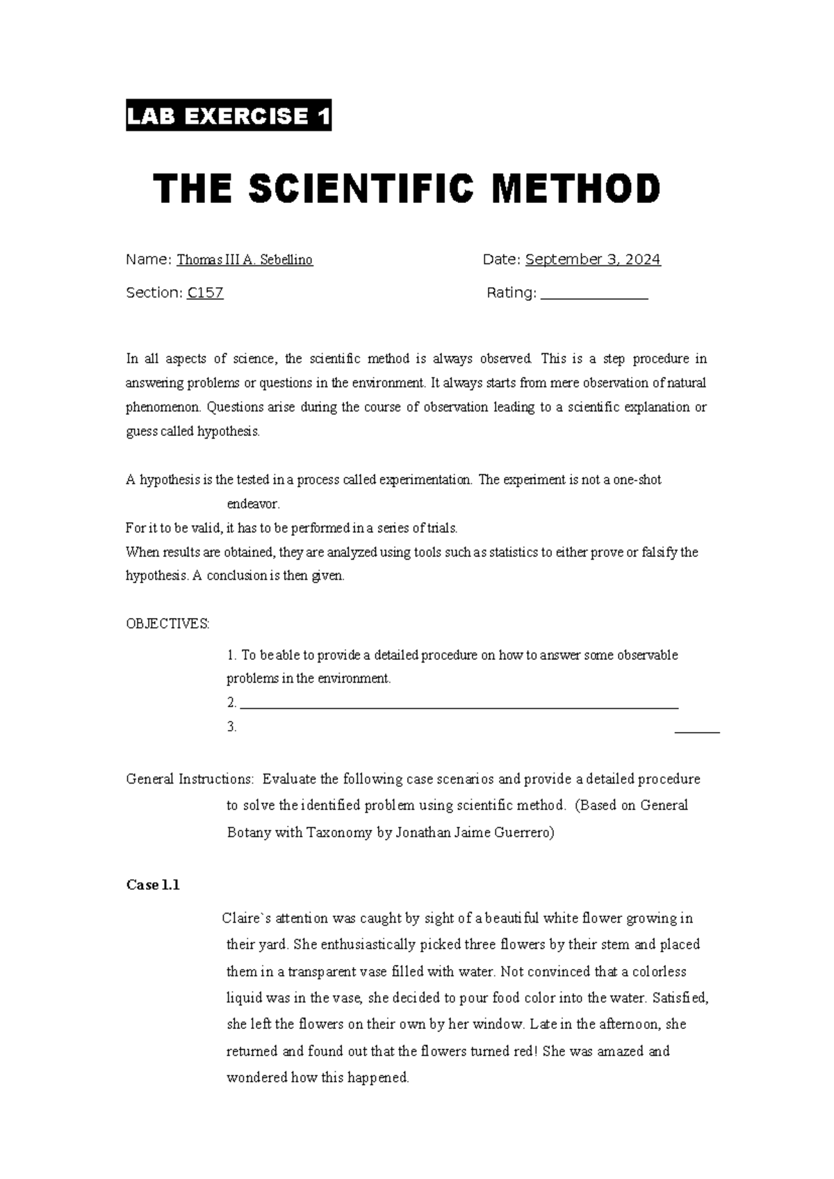 Labexercise 1Scientific Method - LAB EXERCISE 1 THE SCIENTIFIC METHOD ...