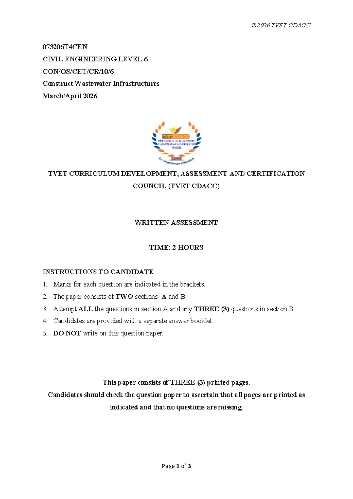 TVET CDACC 073206T4CEN CIVIL ENGINEERING LEVEL 6 Wastewater ...