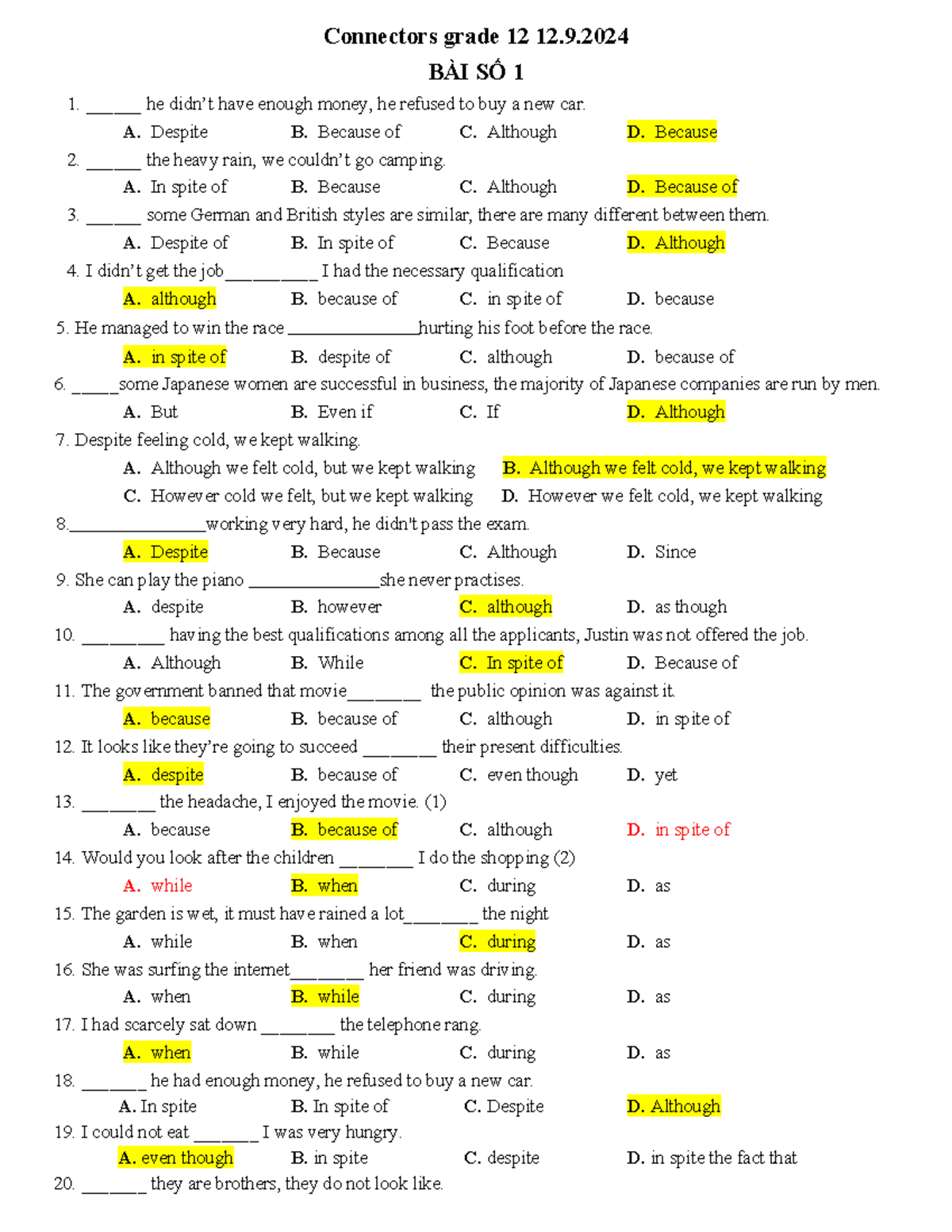 Connector Practice Grade 12 - Exercises and Answers - Studocu