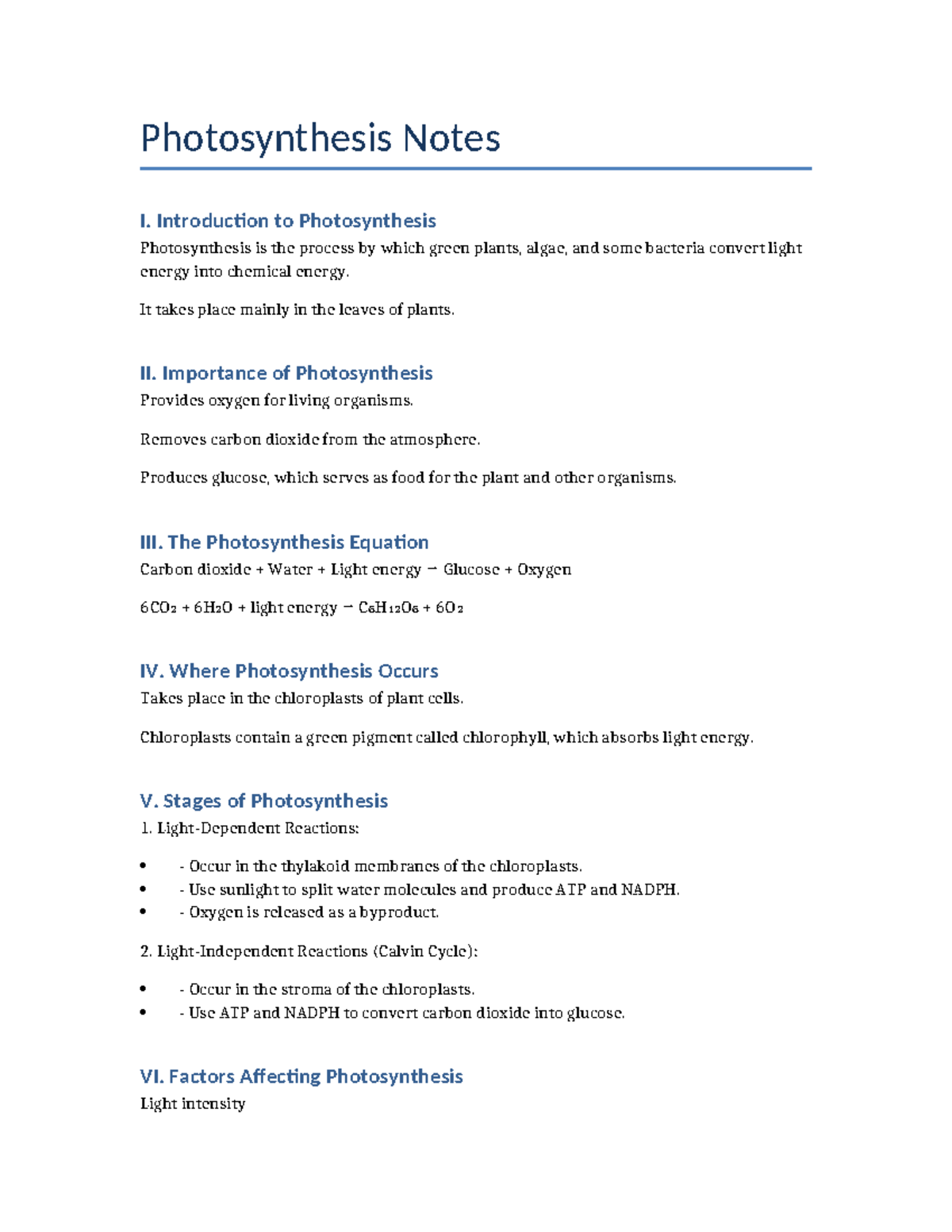 Photosynthesis Notes: Key Concepts and Processes - Studocu