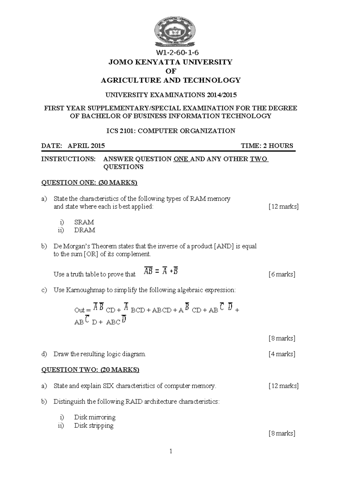 ICS 2101: Computer Organization Exam Notes - April 2015 - Studocu