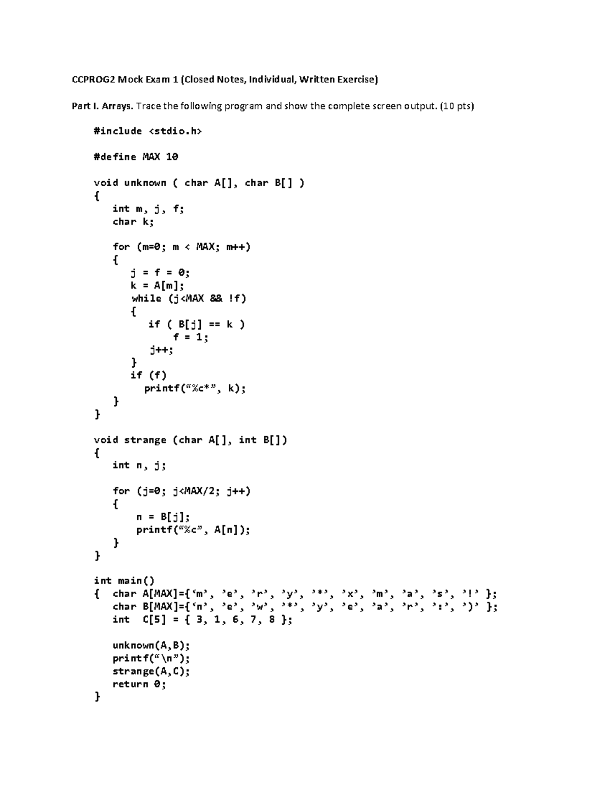 CCPROG2 Mock Exam 1 - Arrays & Functions Analysis - Studocu