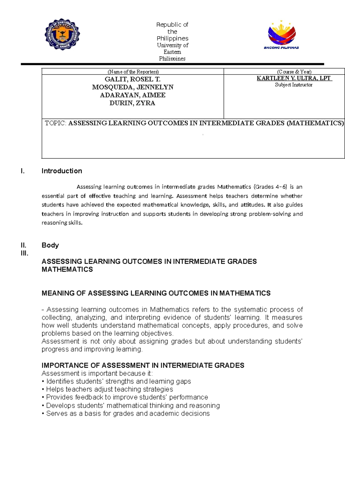 Assessing Learning Outcomes in Intermediate Grades Mathematics (MATH ...