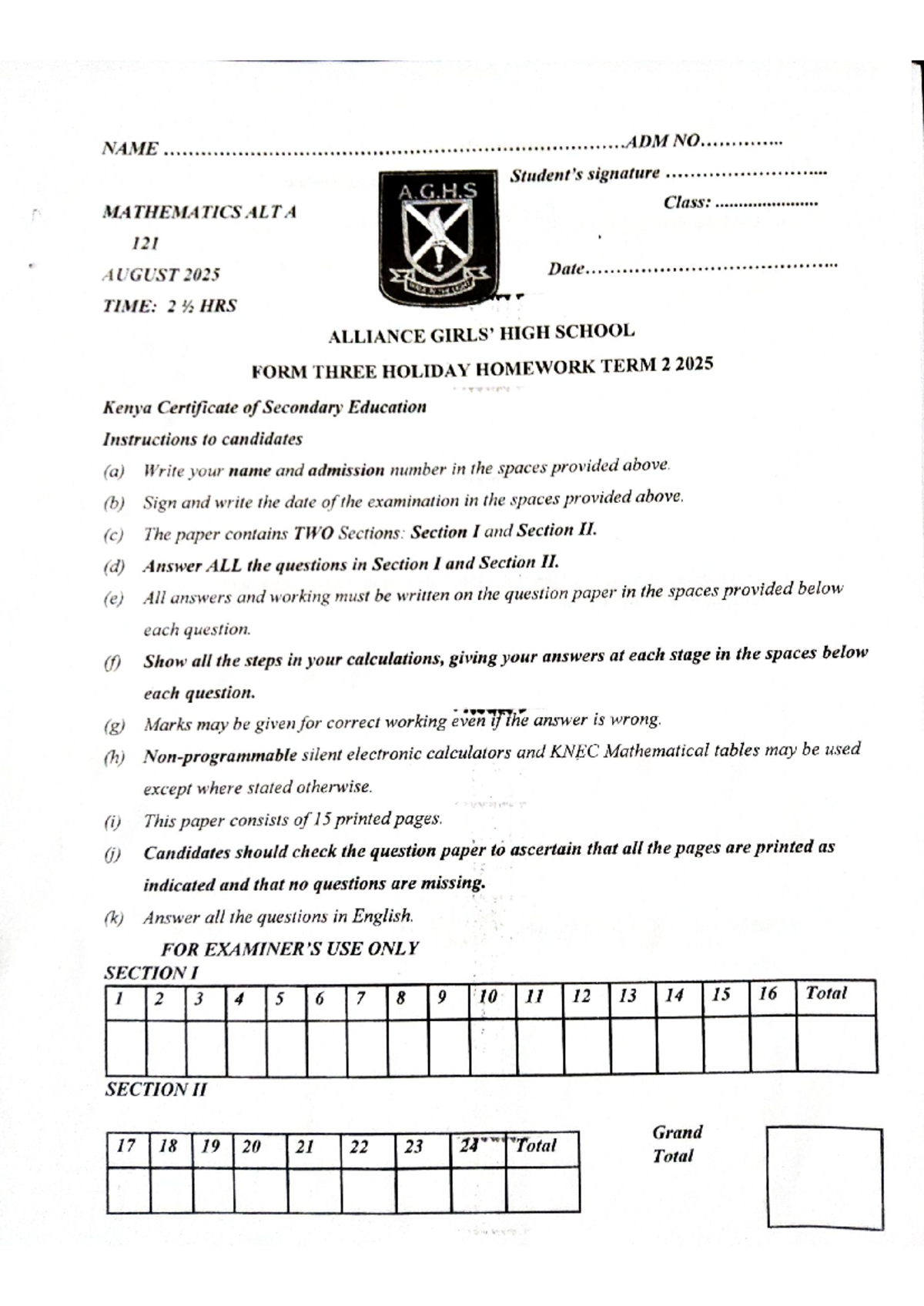 Form 3 Mathematics Holiday Homework ALTA 121 August 2025 - Studocu