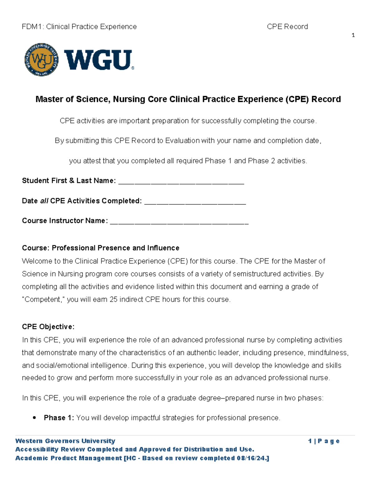 FDM1: CPE Record for Clinical Practice Experience in Nursing - Studocu