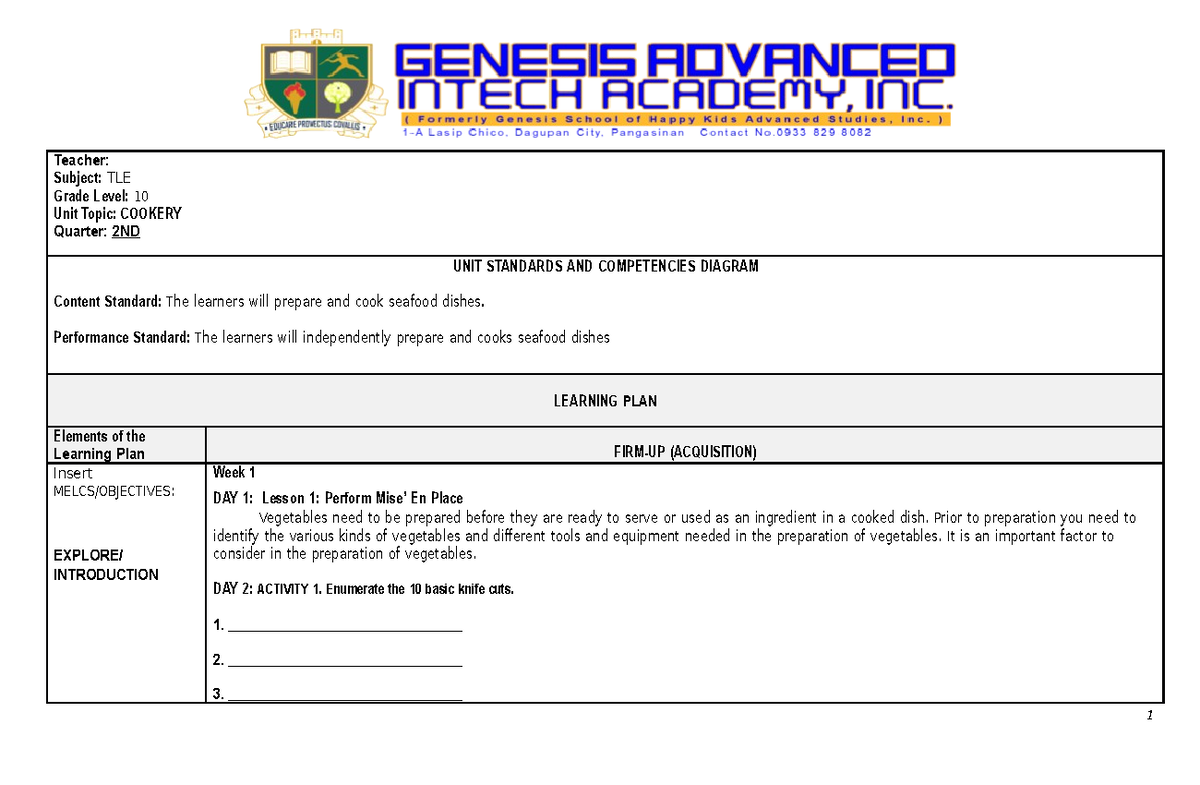 LP TLE 10 2ND Quarter - NOTE - Teacher: Subject: TLE Grade Level: 10 ...