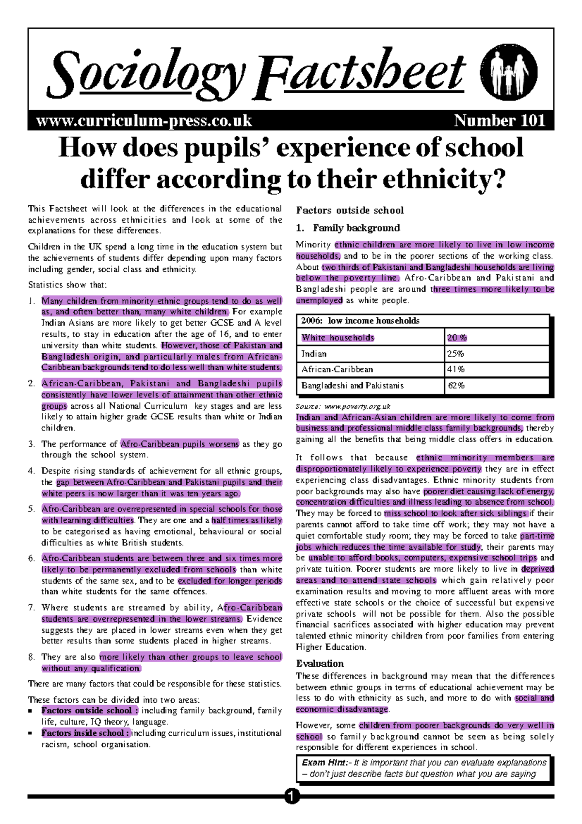 Sociology Factsheet 101: Ethnicity and School Experience Differences ...