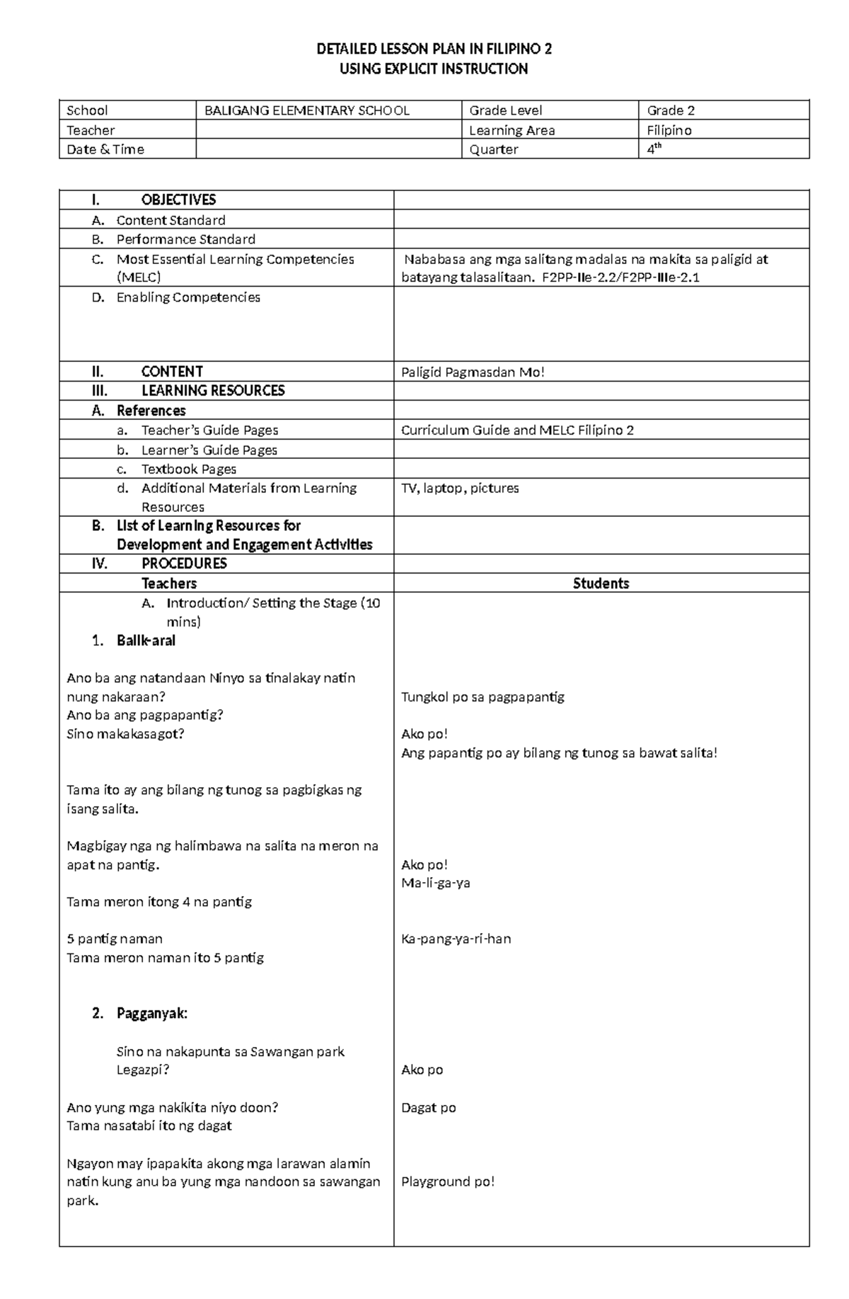 Detailed Lesson Plan in grade 2 filipino babala - DETAILED LESSON PLAN ...