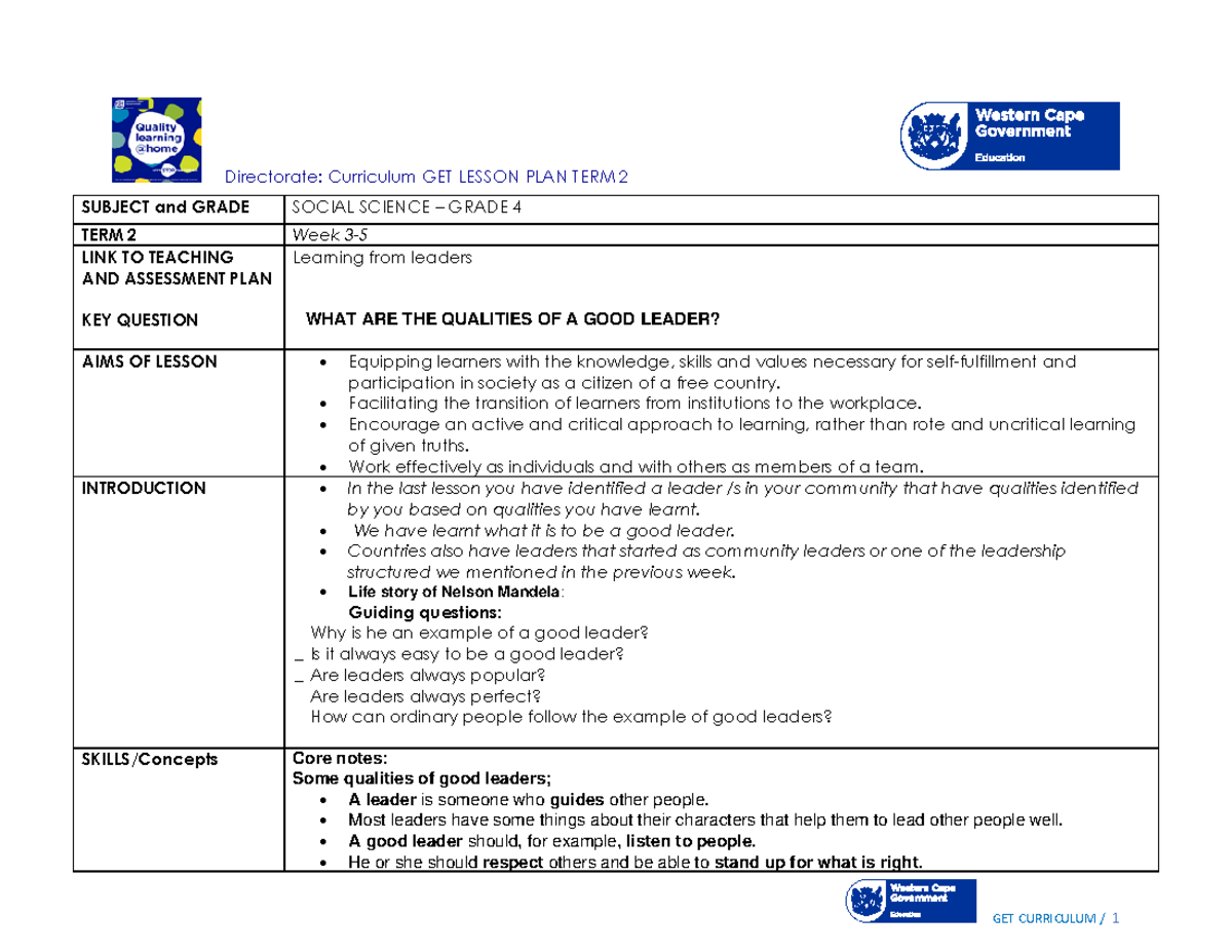 Grade 4 SS Lesson Plan: Good Leaders & Qualities (Term 2, W3) - Studocu