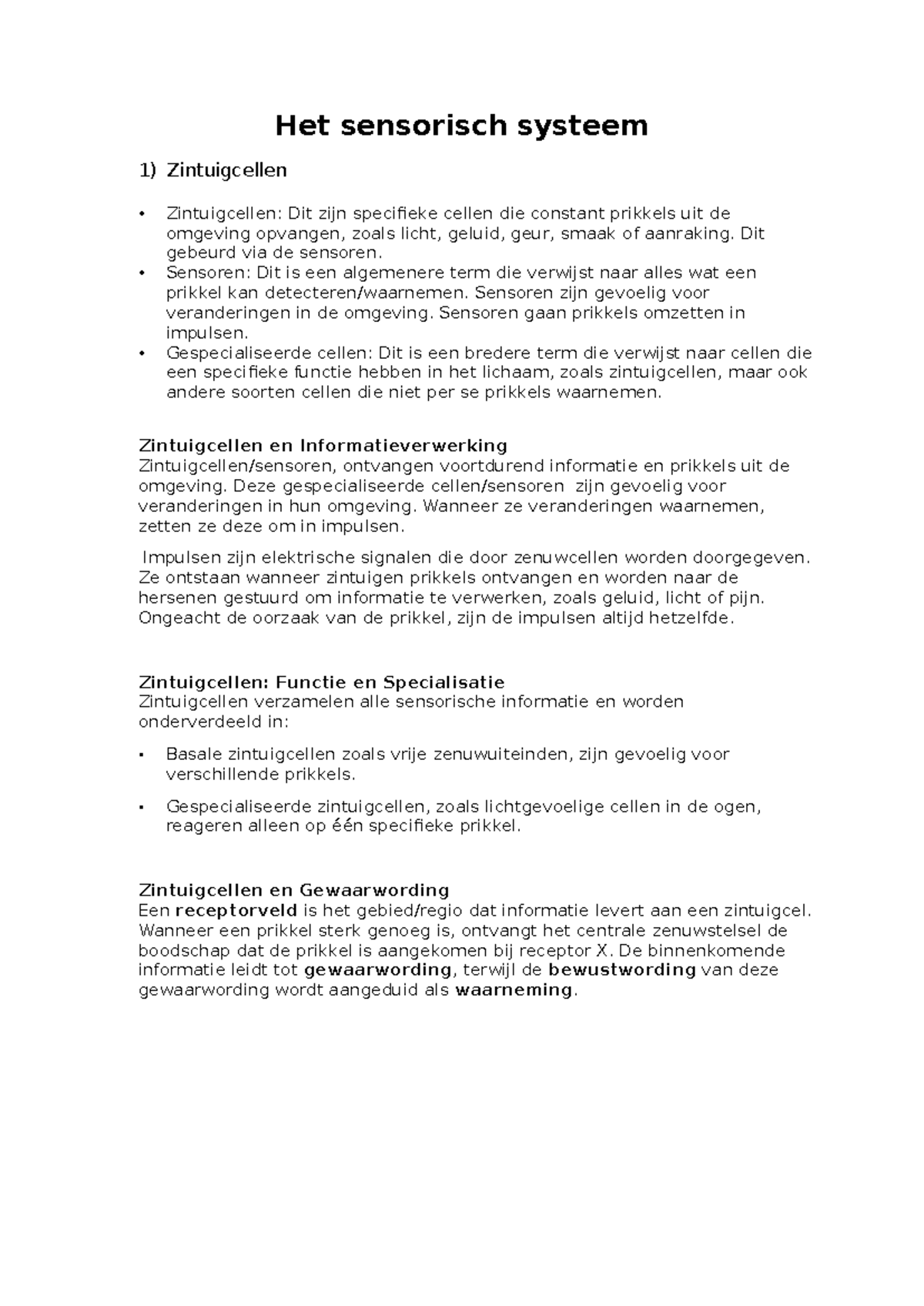 Sensorisch Systeem: Functies en Anatomie van Zintuigcellen - Studocu