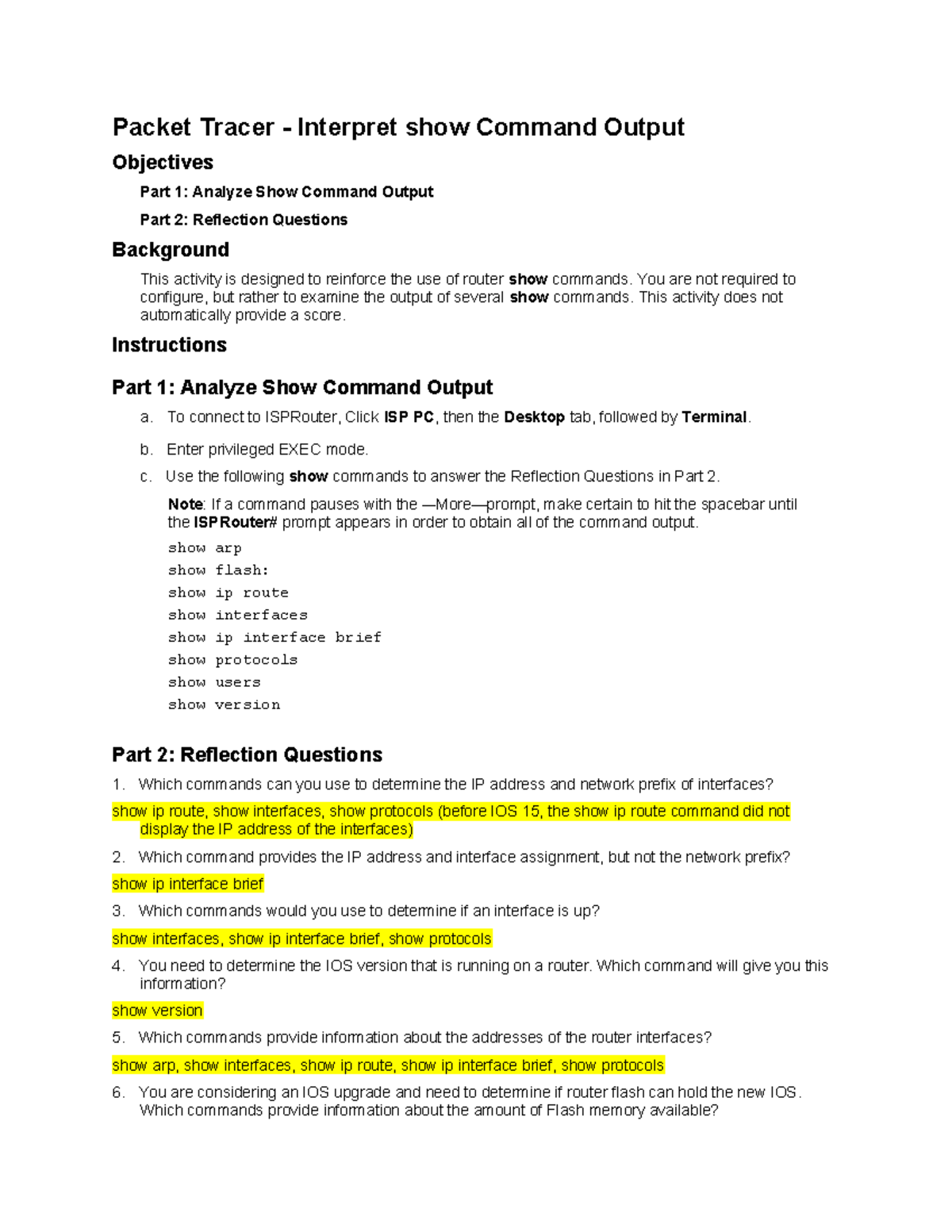Packet Tracer - Show Command Output Analysis for Lab 17.5.9 - Studocu