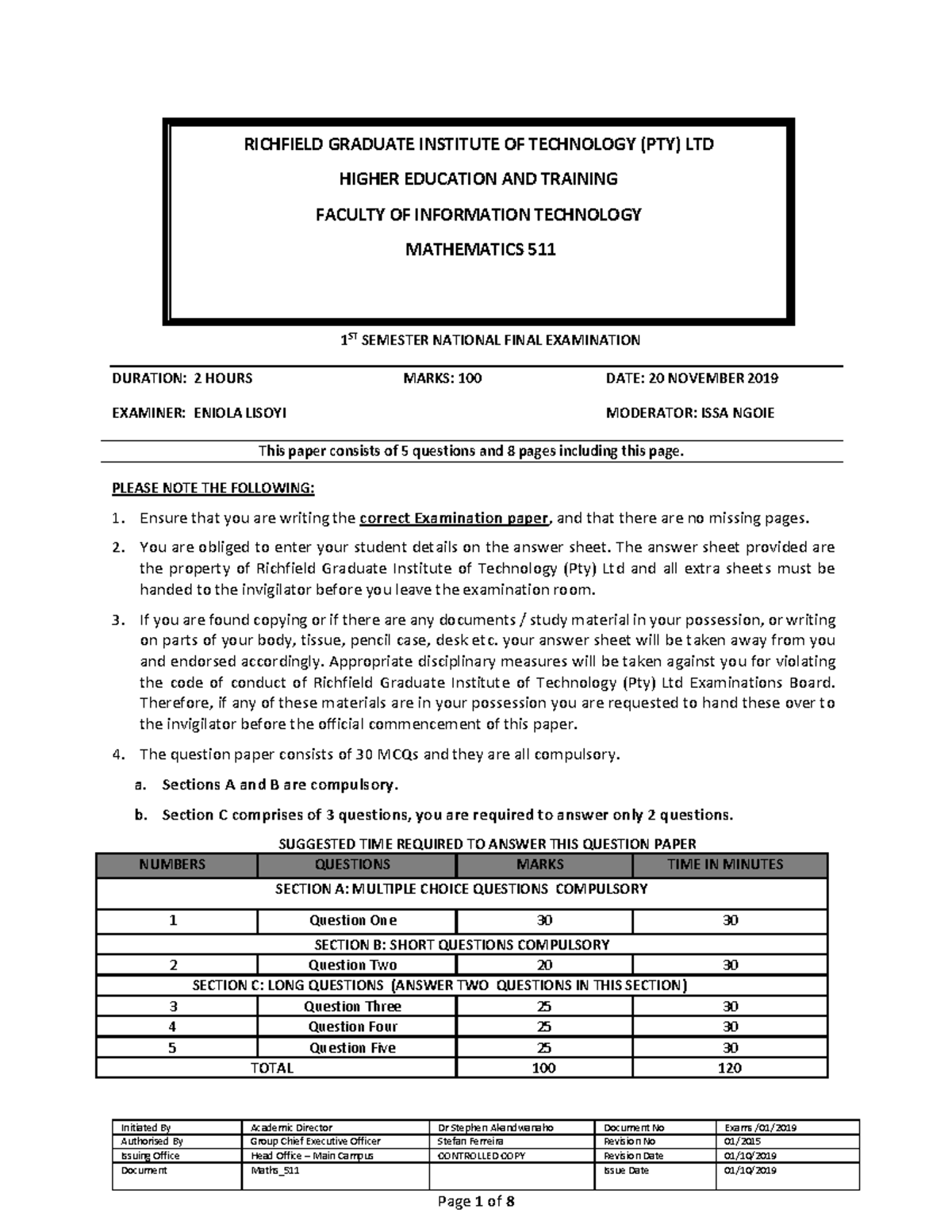 Math 511 1st Semester National Final Exam - November 20, 2019 - Studocu