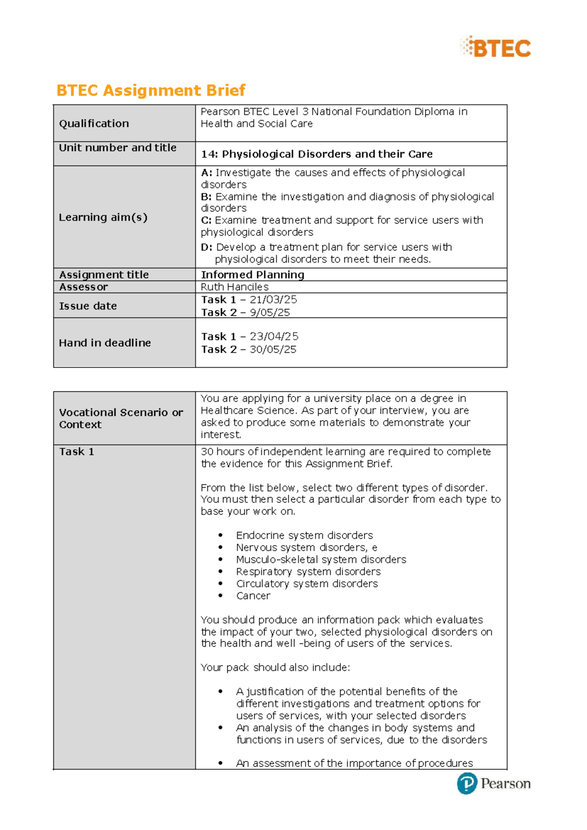BTEC Level 3 Health & Social Care Unit 14: Physiological Disorders Task ...