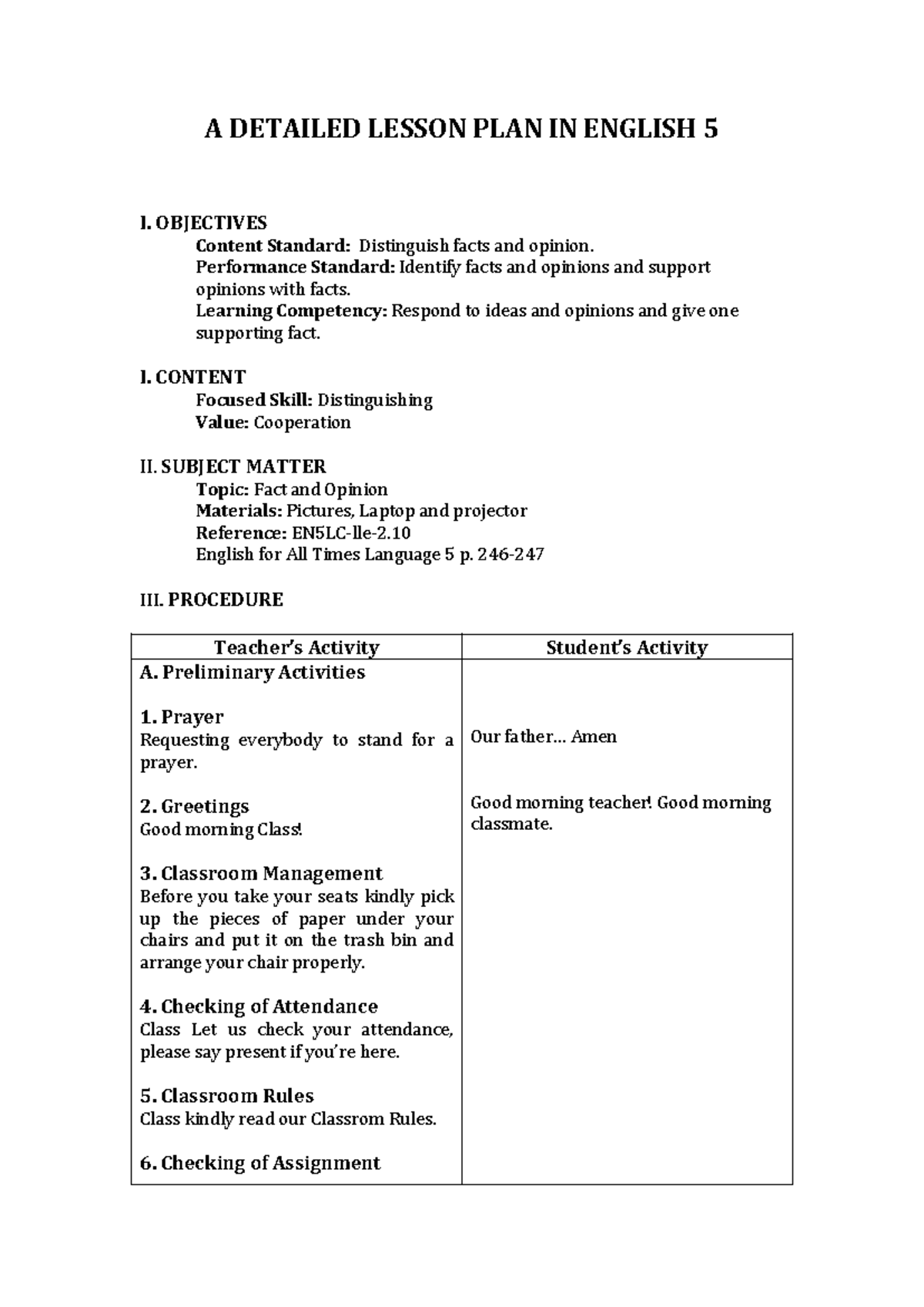 Detailed Lesson Plan: Distinguishing Facts and Opinions (English 5 ...