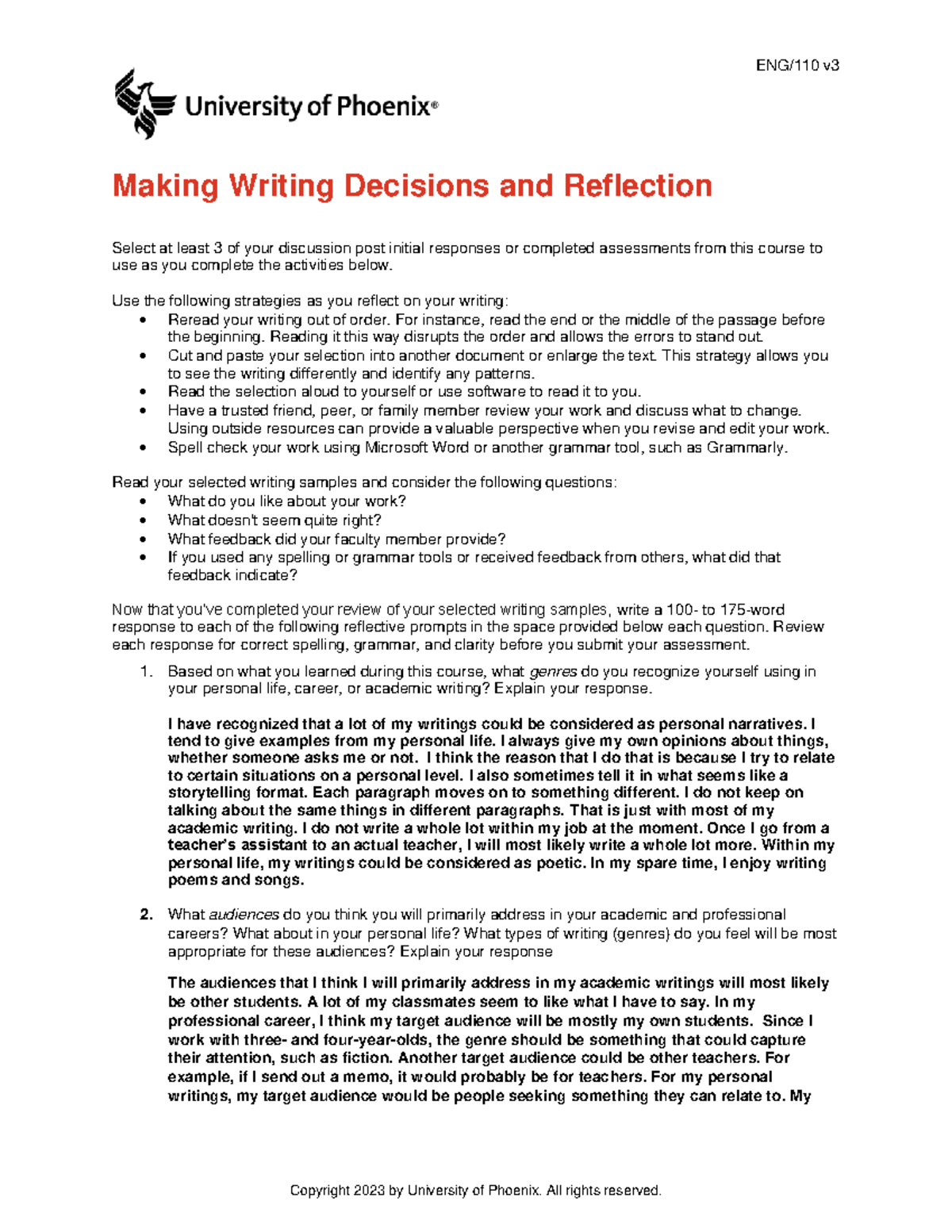 ENG/110 v3 Week 5 Writing Decisions and Reflection Assessment - Studocu