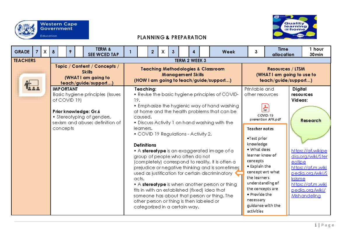Lesson Plan: Gr. 7 Life Orientation T2 W3 - Hygiene & Stereotyping ...