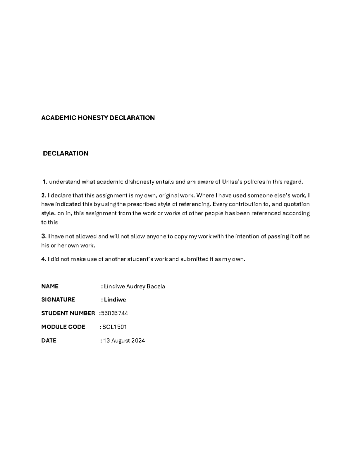 SCL 1501 - READ - ACADEMIC HONESTY DECLARATION DECLARATION understand ...