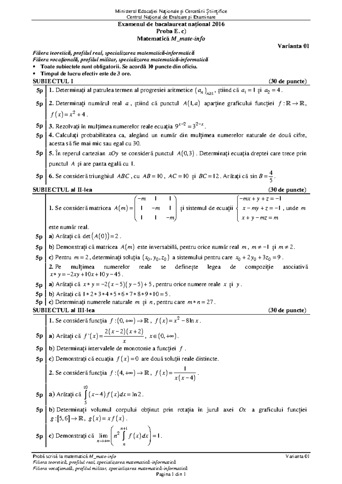 Subiecte Bacalaureat M1 - Matematică, Varianta 01, 2016 - Studocu