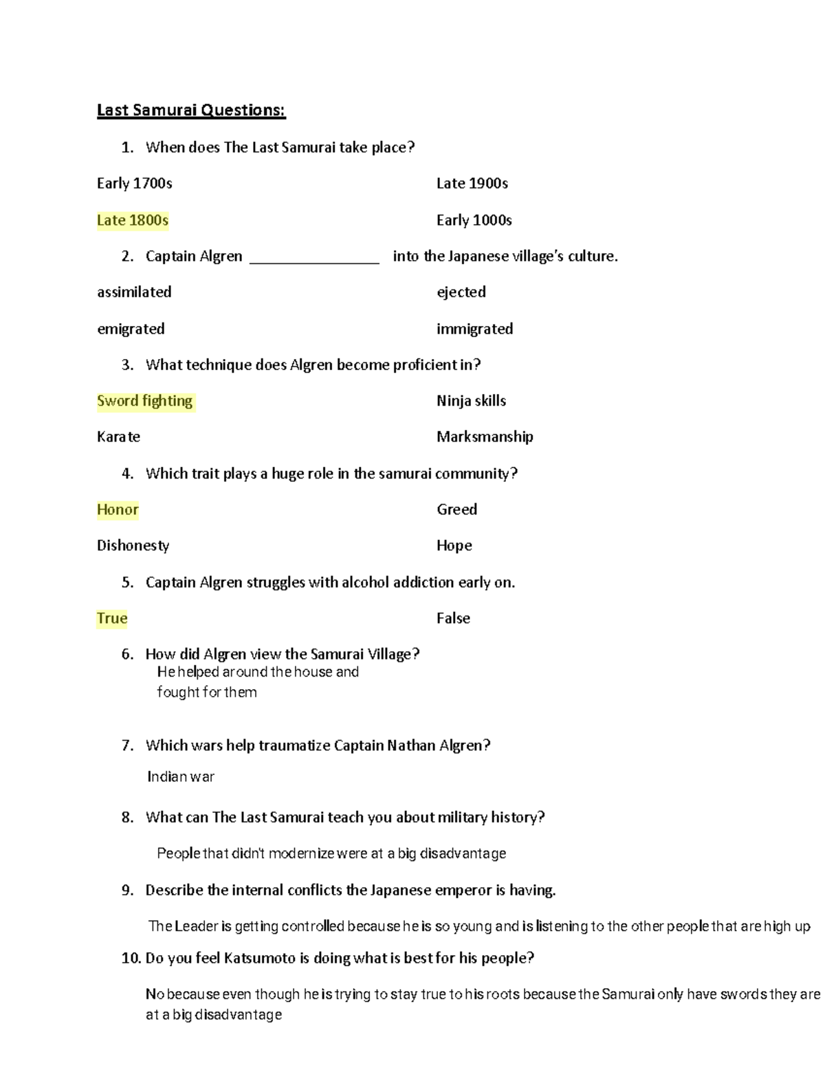 Final Exam - Last Samurai Movie Questions (KAMI 101) - Studocu