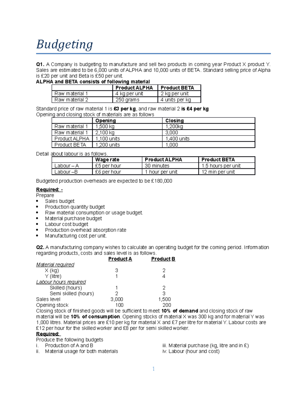 Budgeting answers 2 - notes - Budgeting Q1. A Company is budgeting to ...