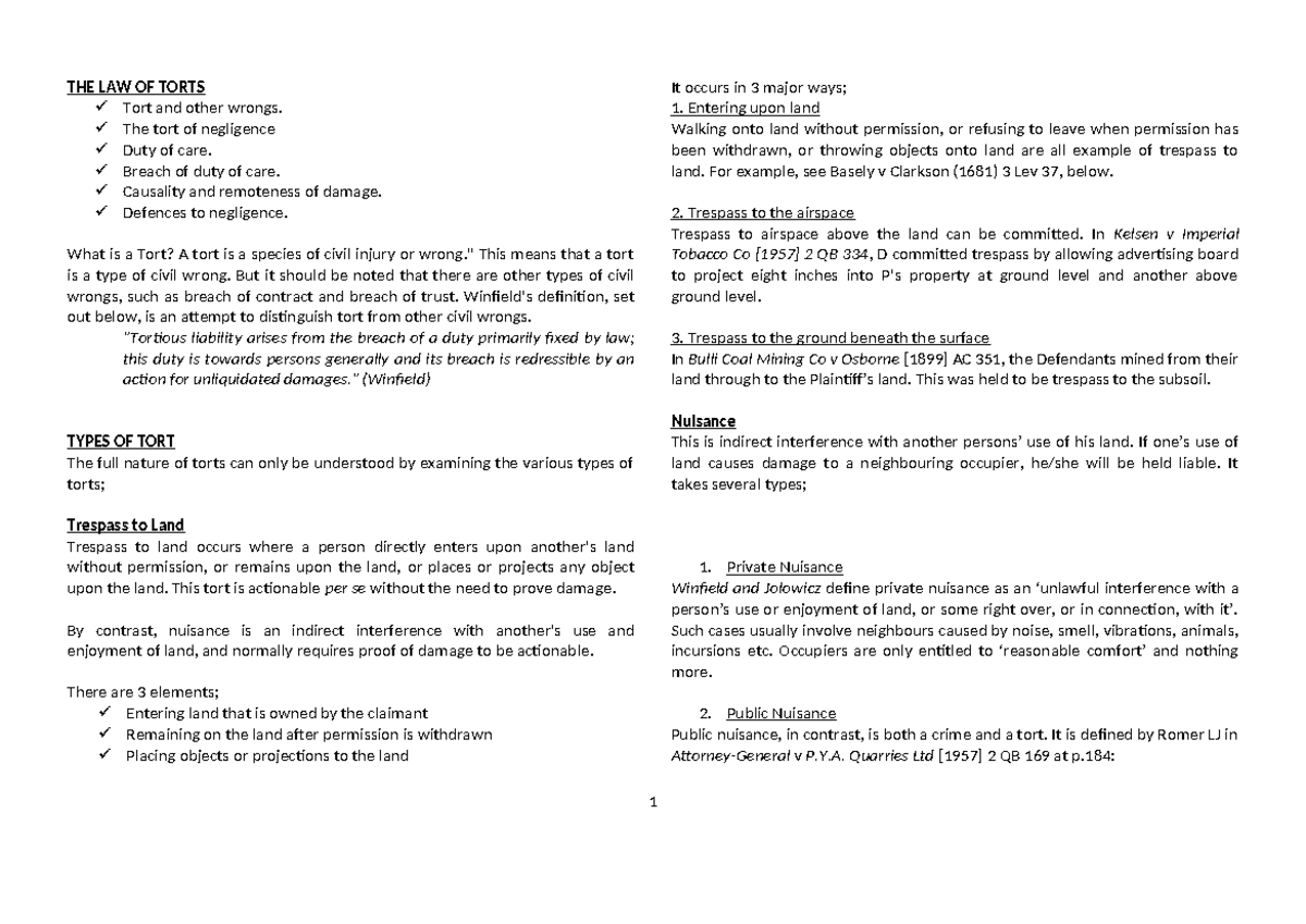 THE LAW OF TORTS (LAW 101) - Comprehensive Notes on Negligence and ...