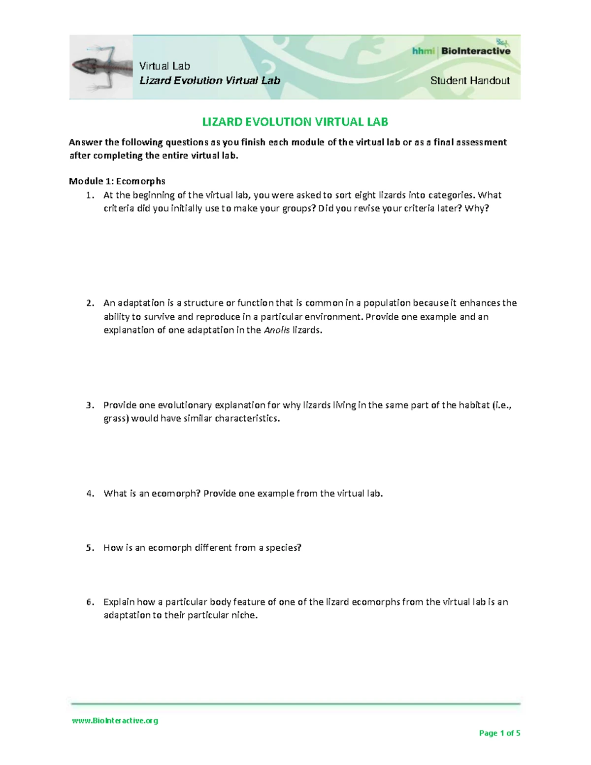 Lizard Evolution Virtual Lab Student Worksheet - BioInteractive Student ...