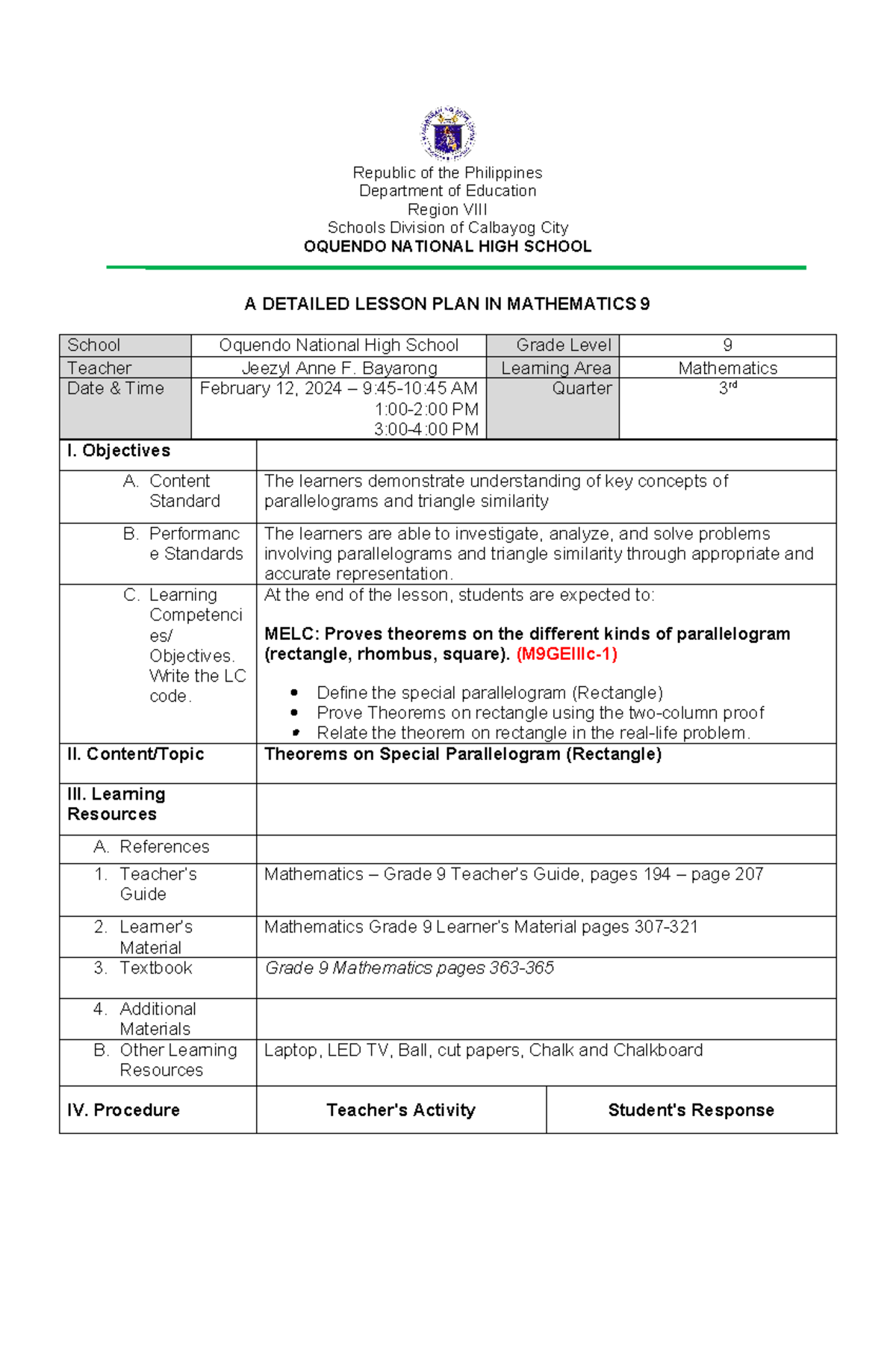 Detailed Lesson Plan on Theorems of Rectangle for Mathematics 9 - Studocu