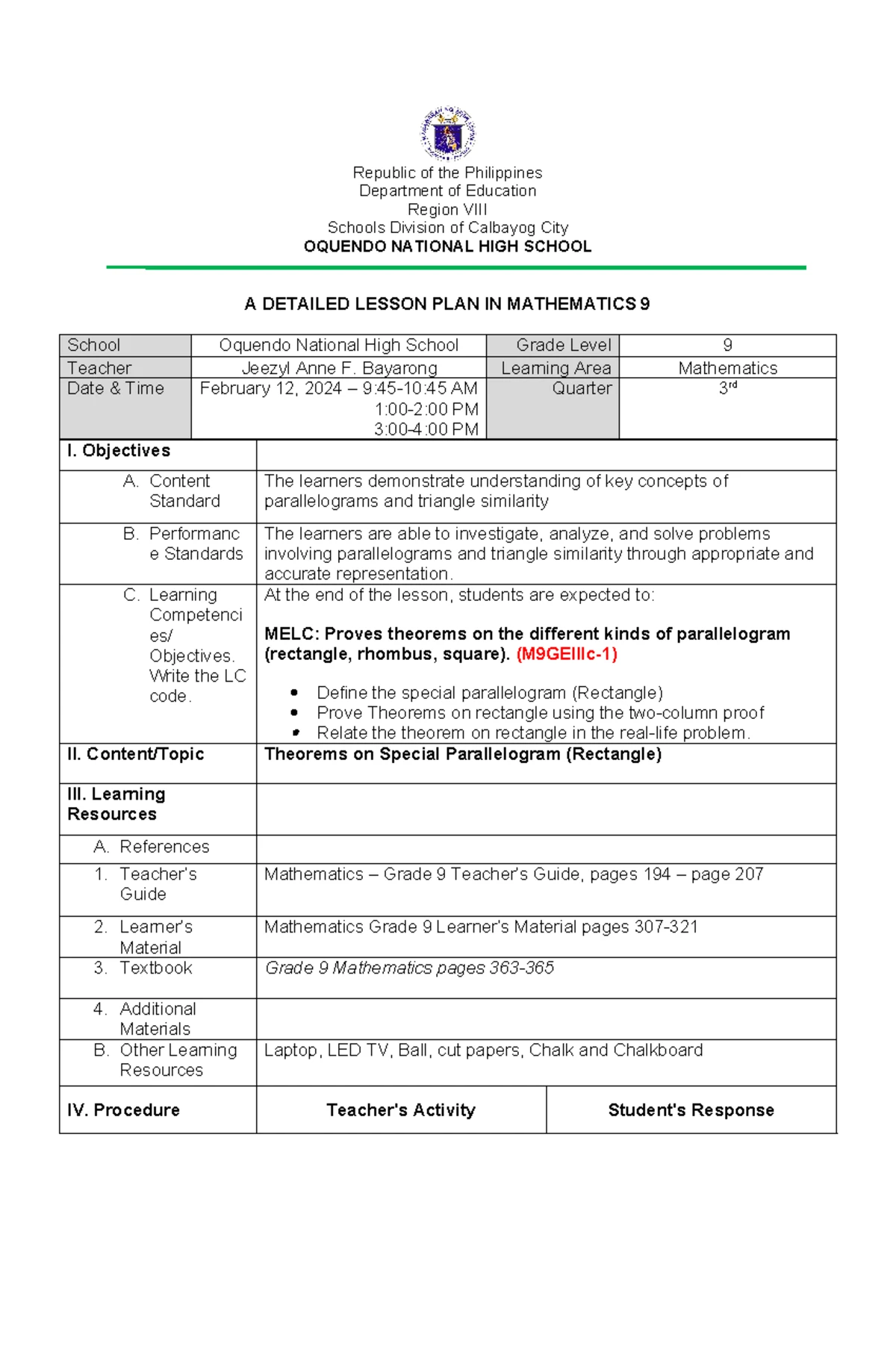 Mathematics 9 Detailed Lesson Plan: Proving the Midline Theorem - Studocu