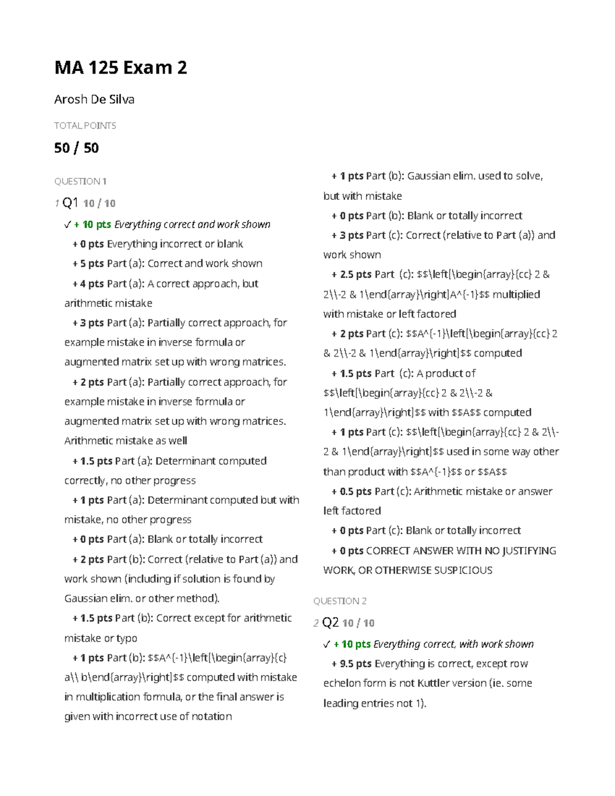 MA 125 Final Exam 2: Detailed Grading Breakdown and Feedback - Studocu