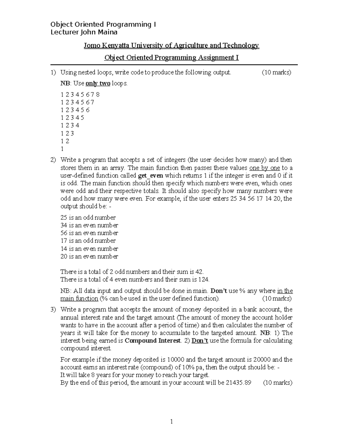 OOP I Assignment: Nested Loops & Even/Odd Number Analysis - Studocu