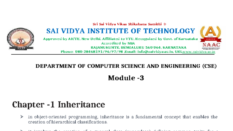 Module 3 CSE Java Notes: Understanding Inheritance Concepts - Studocu