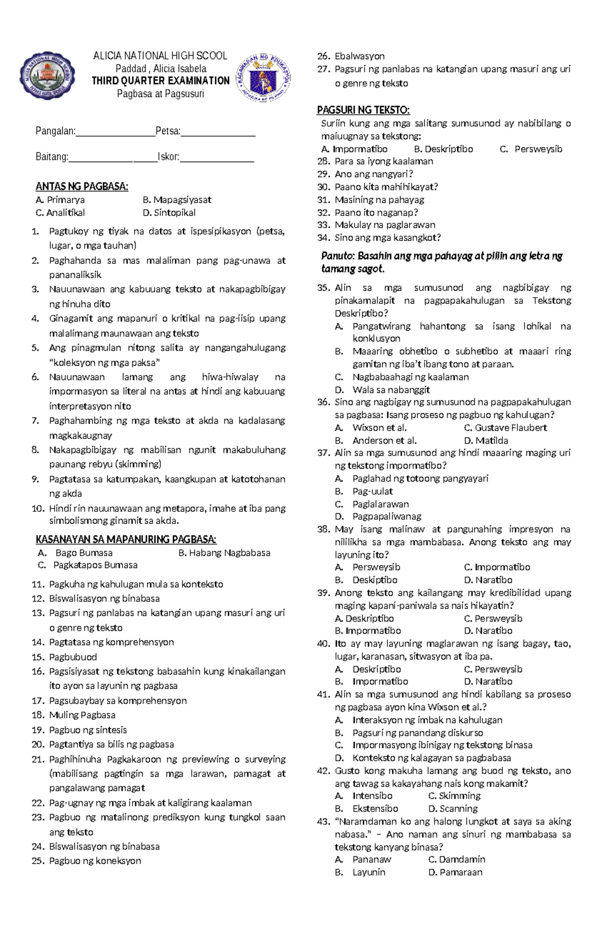 444301832 Pagbasa at Pagsusuri Exam 1 - ALICIA NATIONAL HIGH SCOOL ...
