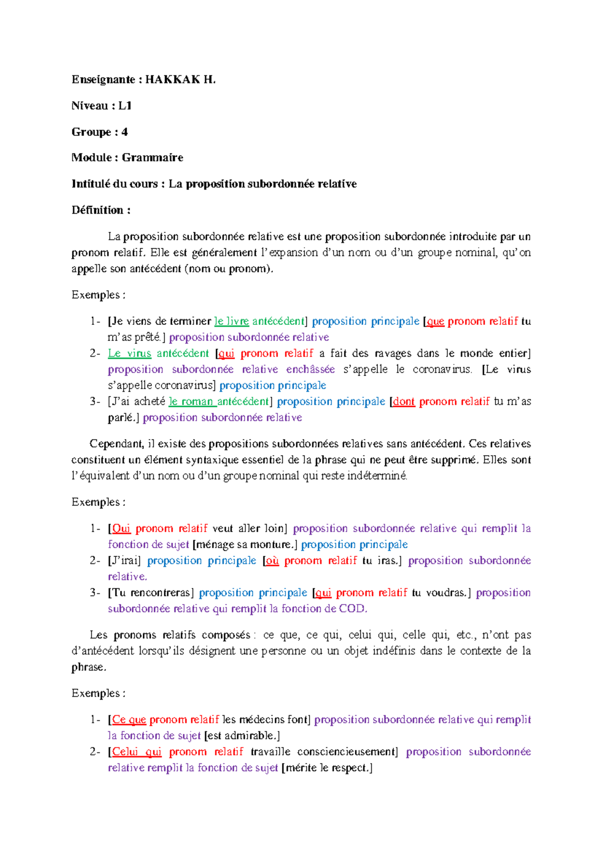 Grammaire L1 G4 : La Proposition Subordonnée Relative Expliquée - Studocu