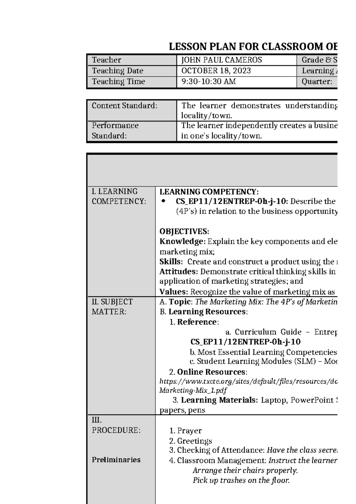 Lesson Plan for OB Teacher: Marketing Mix Focus (Oct 18, 2023) - Studocu