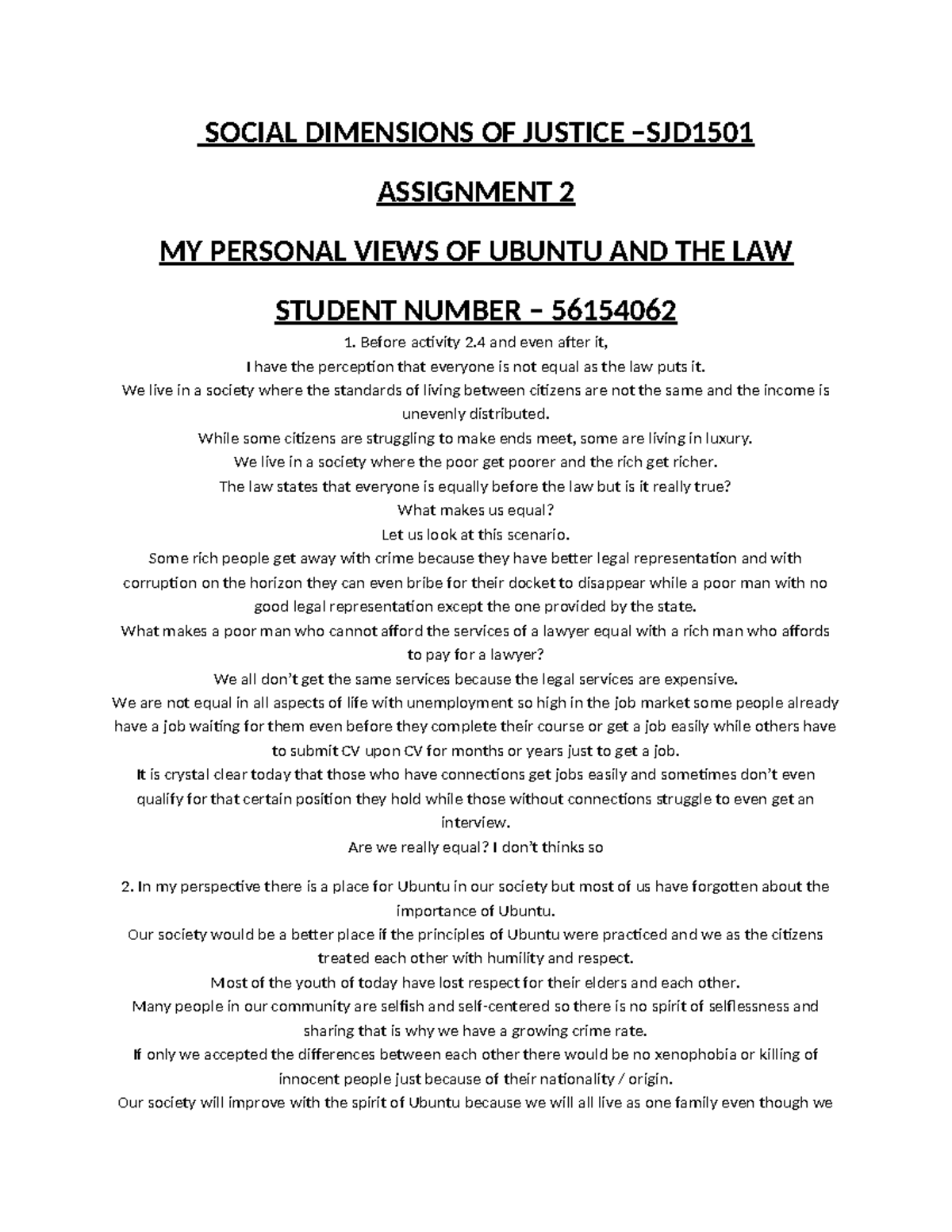SJD1501 Assignment 2: Ubuntu and Social Justice Perspectives - Studocu