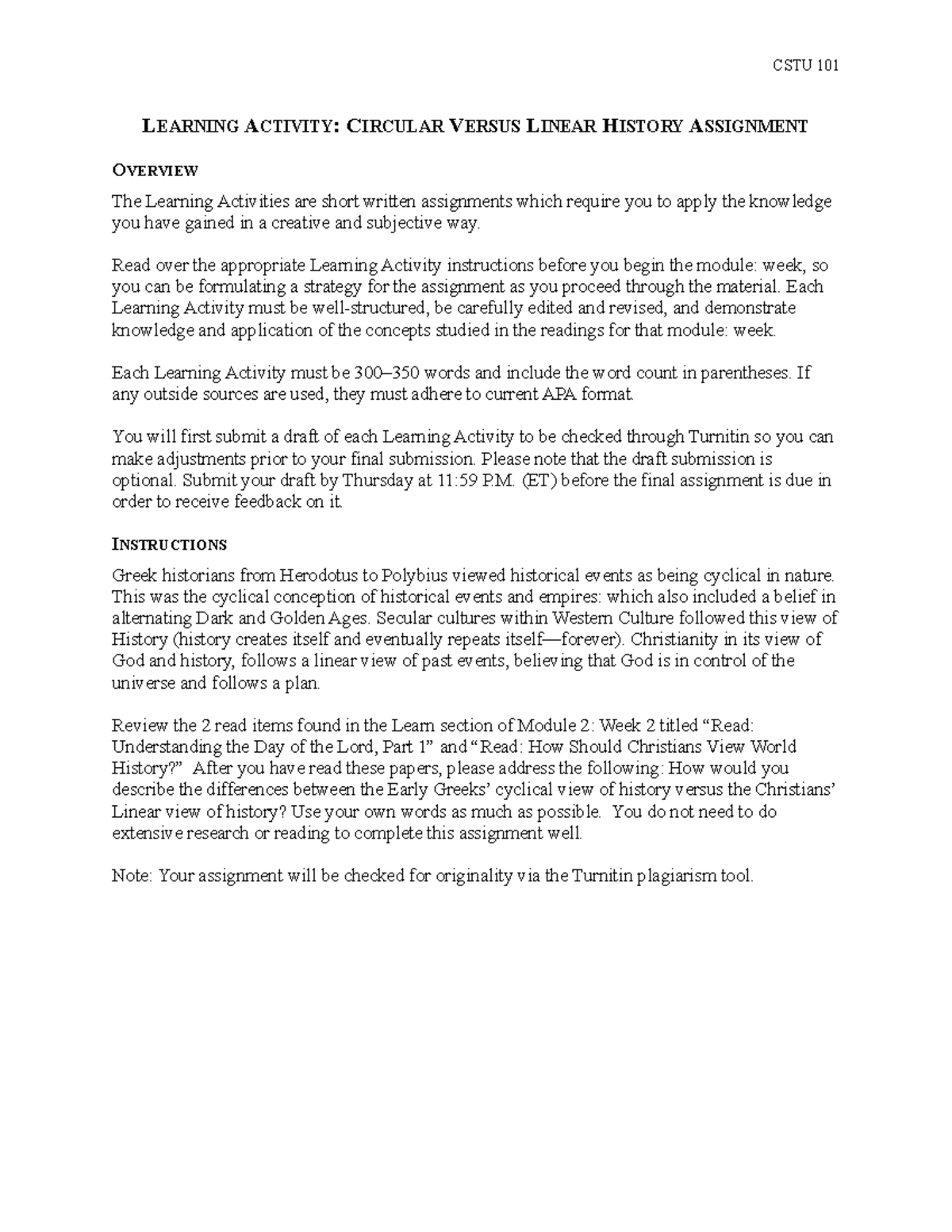 CSTU 101: Circular vs. Linear History Assignment Instructions - Studocu