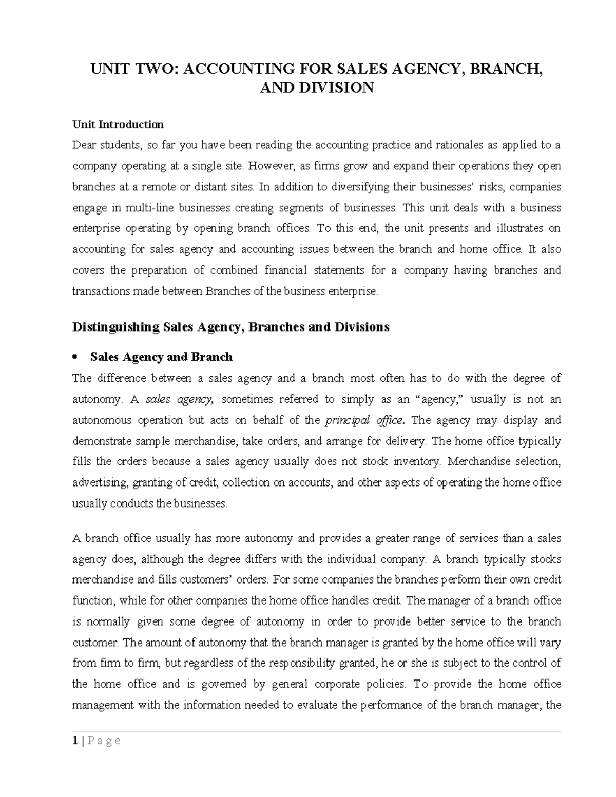 Chapter 2: Accounting for Sales Agencies, Branches, and Divisions - Studocu